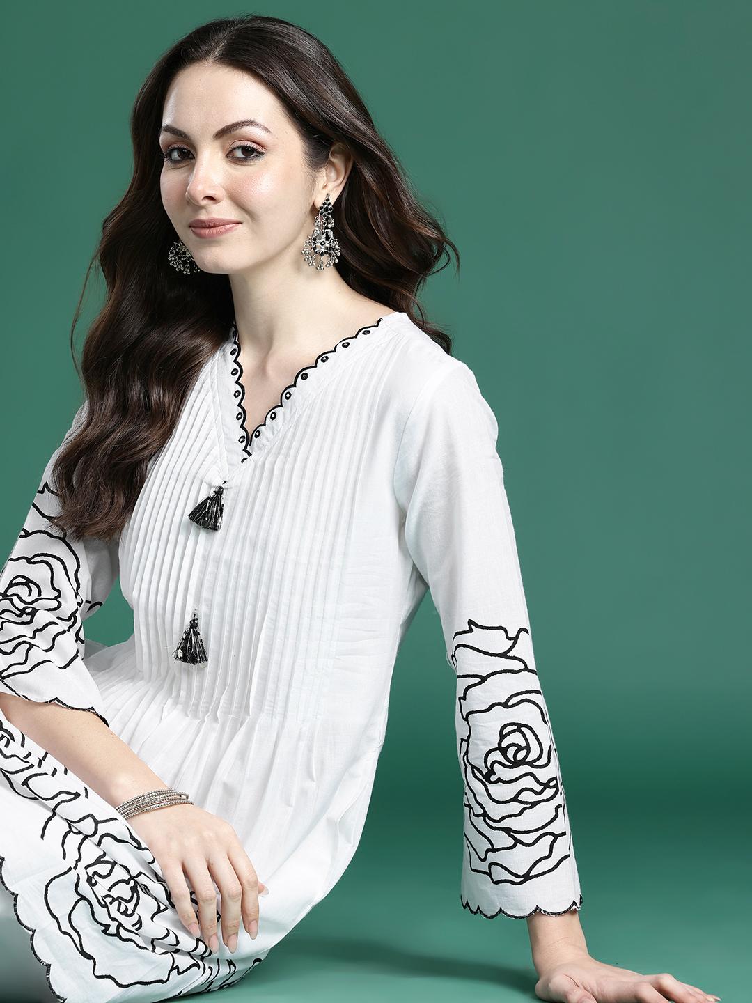 Buy Indo Era Floral Printed Pleated Mirror Work Pure Cotton Kurta With Palazzos - Kurta Sets for ...