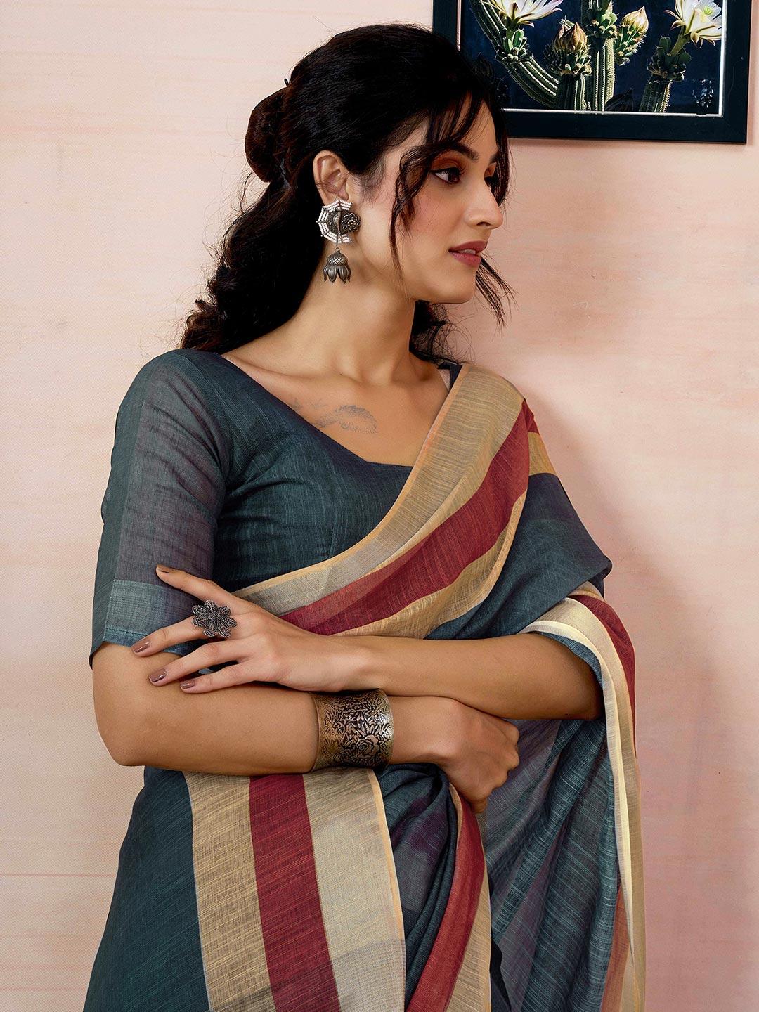 Buy Satrani Striped Printed Zari Ready To Wear Saree - Sarees for Women ...