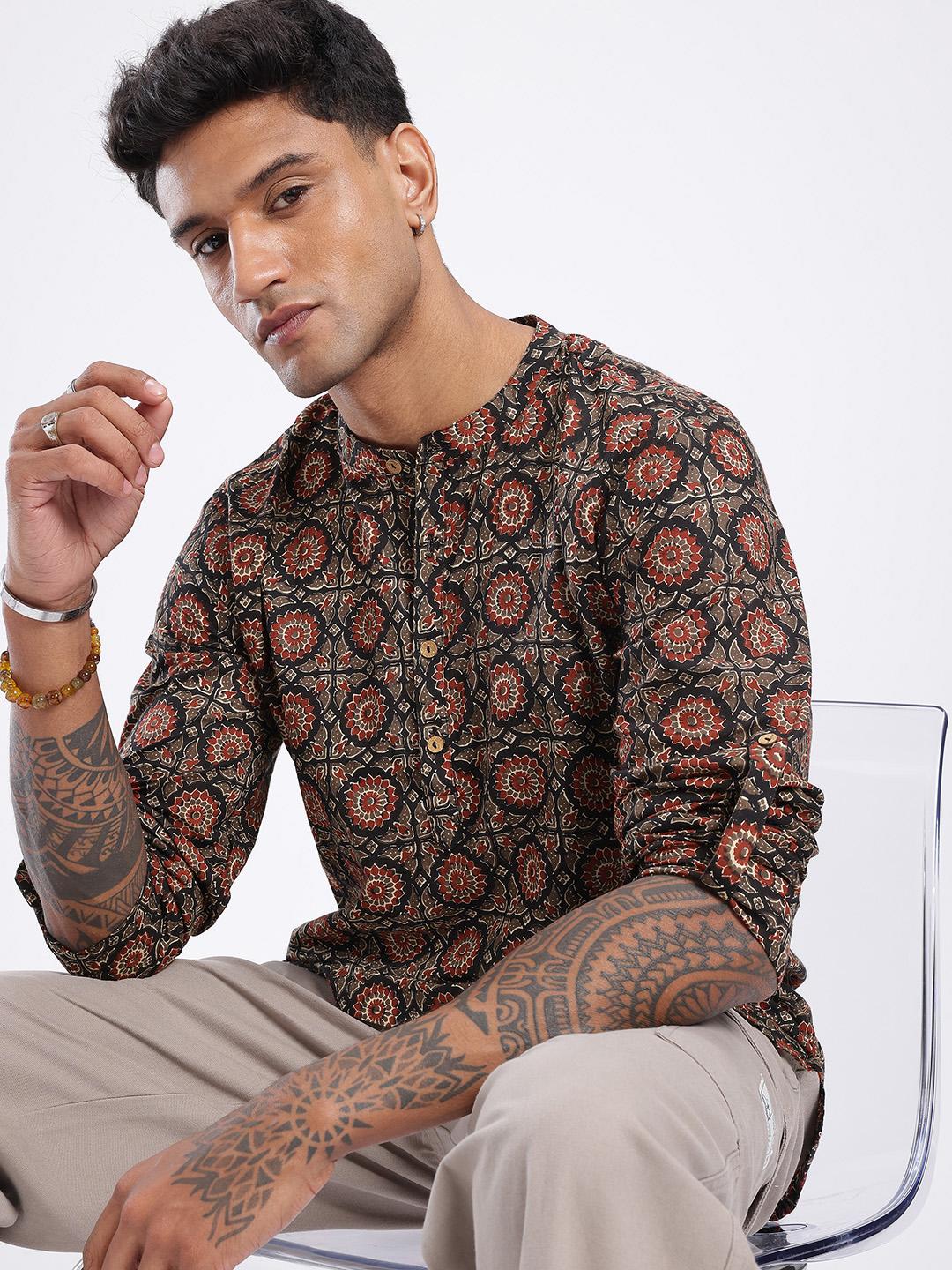 Buy Anouk Rustic Band Collar Ethnic Motifs Printed Roll Up Sleeves ...