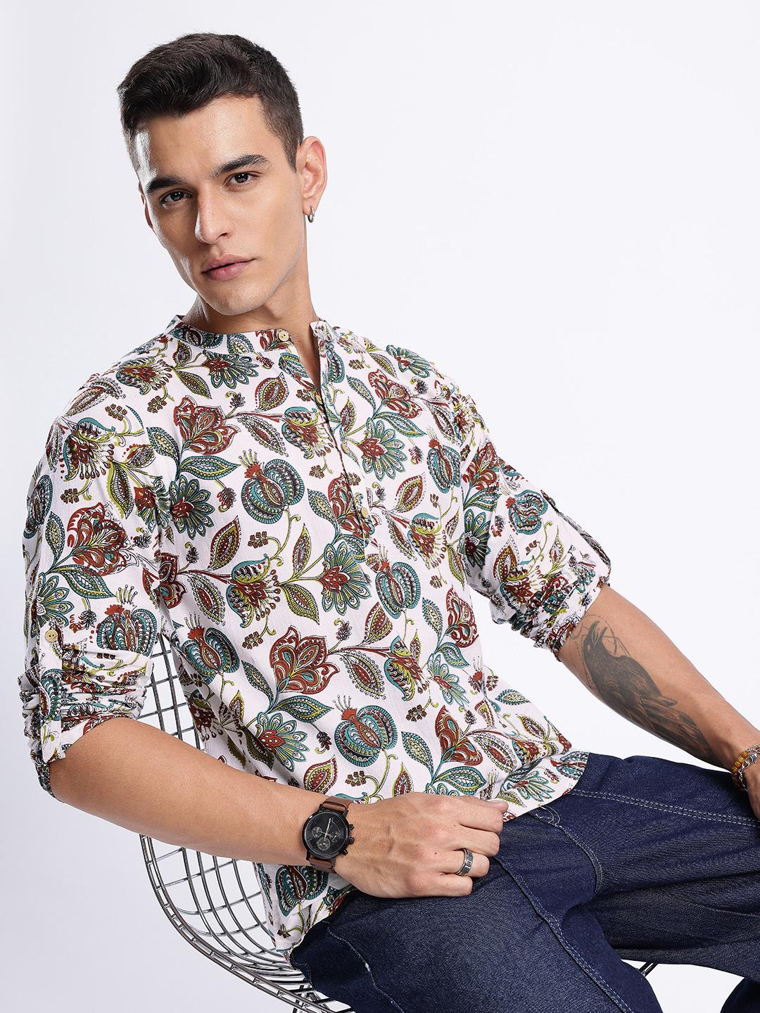 Buy Anouk Rustic Band Collar Ethnic Motifs Printed Roll Up Sleeves ...