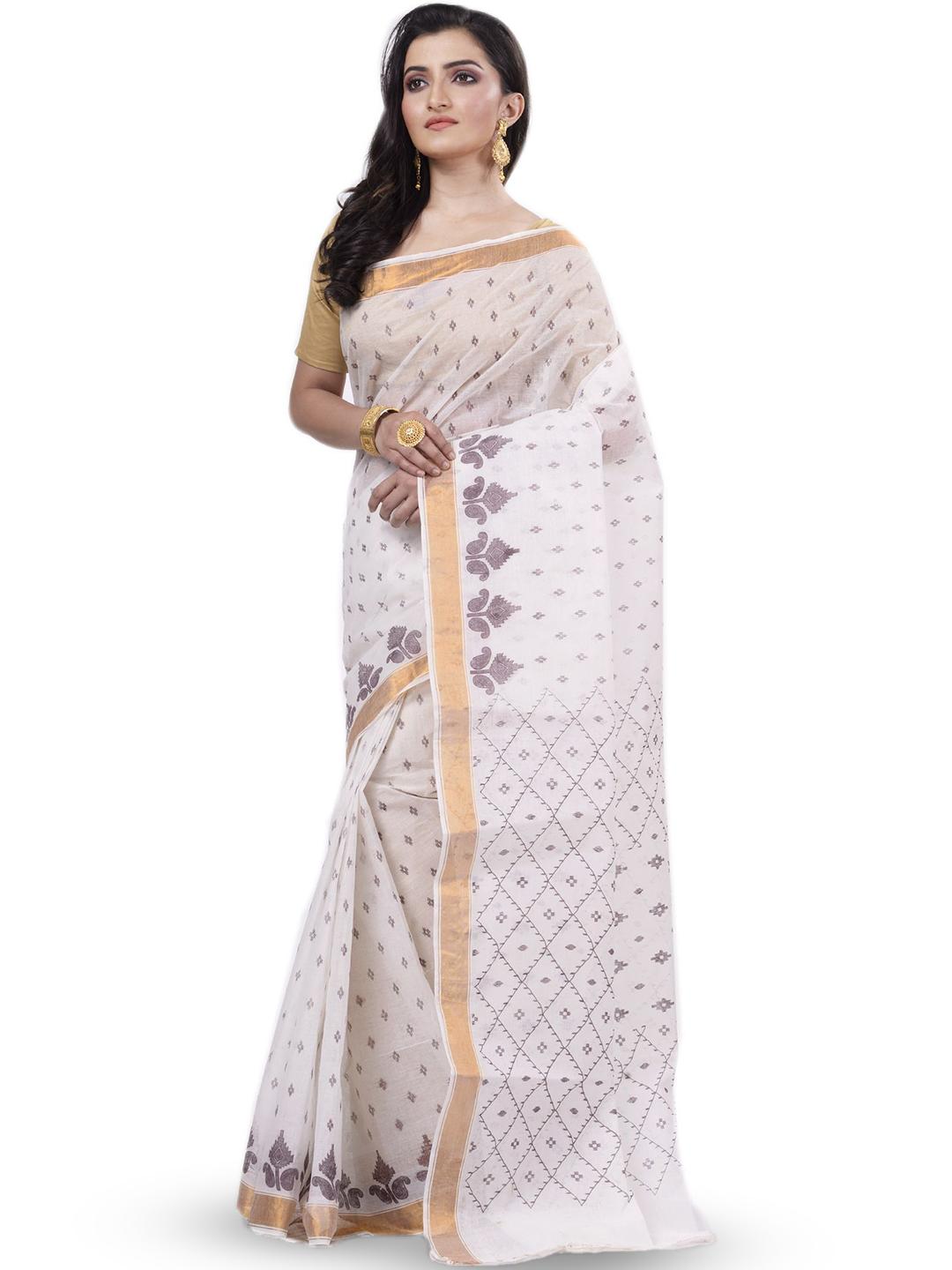 Buy SPRISH Ethnic Motifs Zari Pure Cotton Taant Saree - Sarees for ...