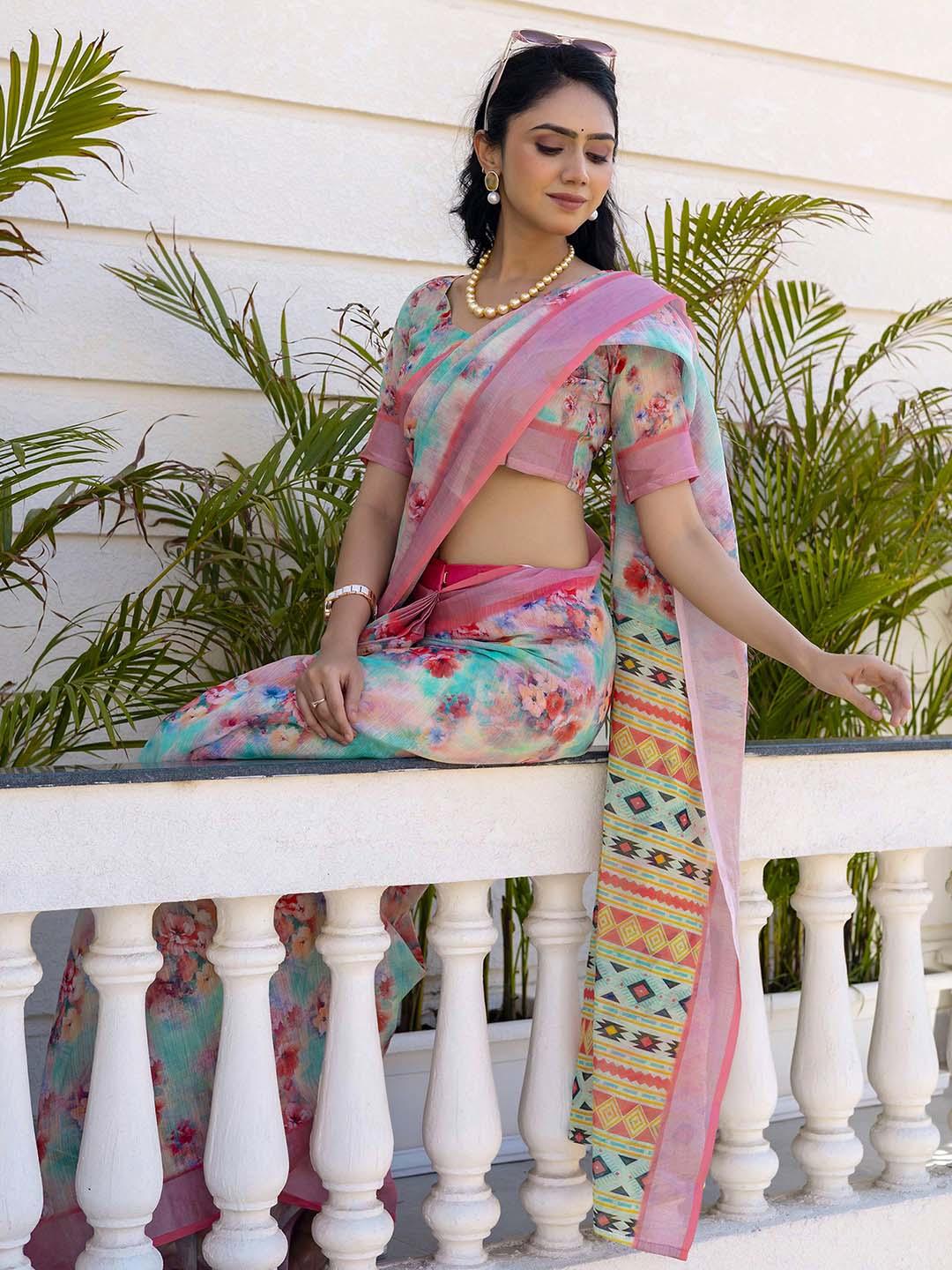 Buy Satrani Floral Zari Pure Linen Saree - Sarees for Women 34013035 ...