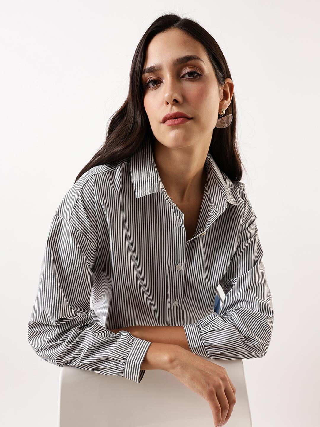 Buy DL Woman Striped Spread Collar Full Sleeves Relaxed Fit Shirt ...