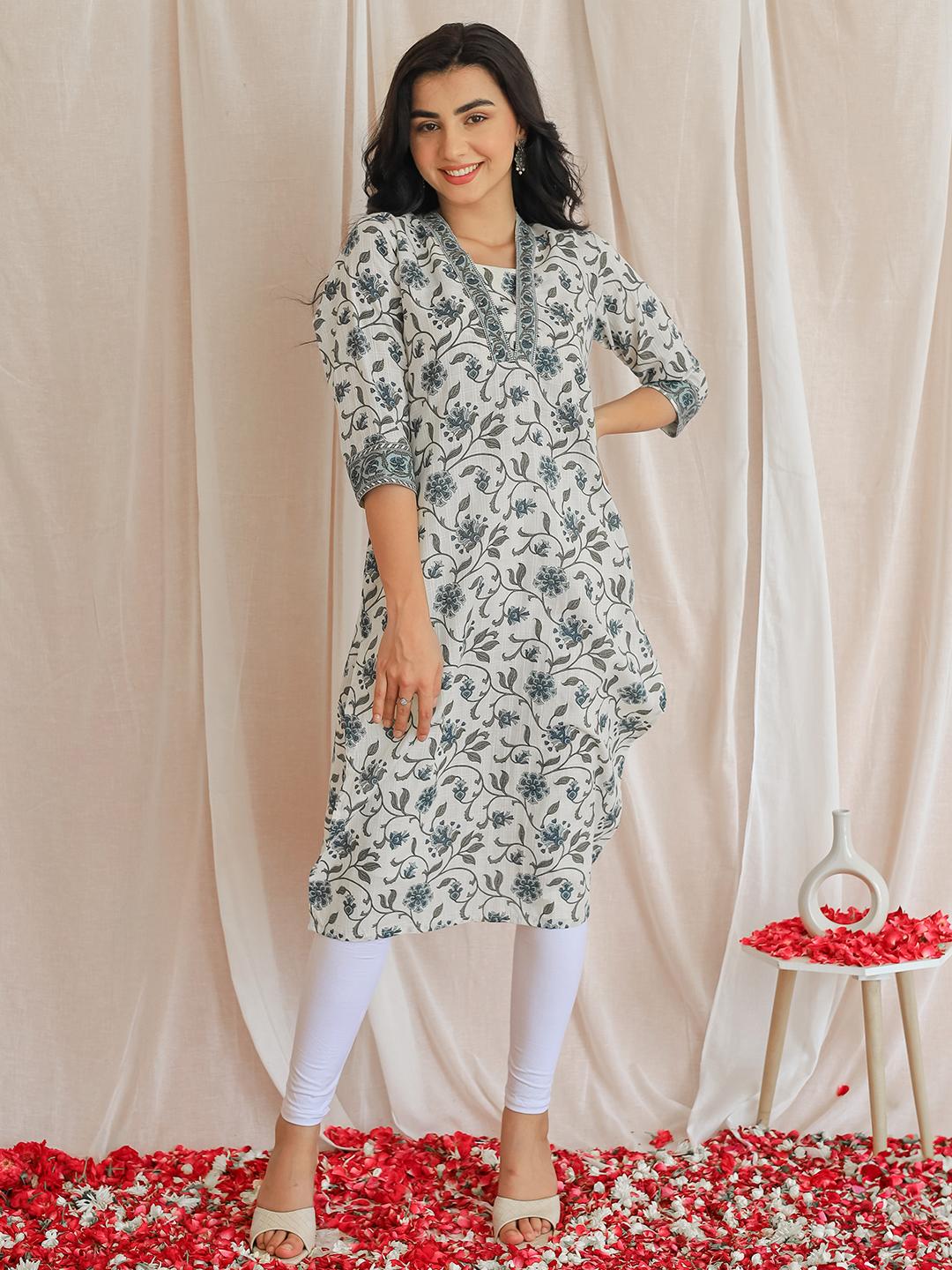Buy Libas Floral Printed Square Neck Sequinned Pure Cotton Straight ...