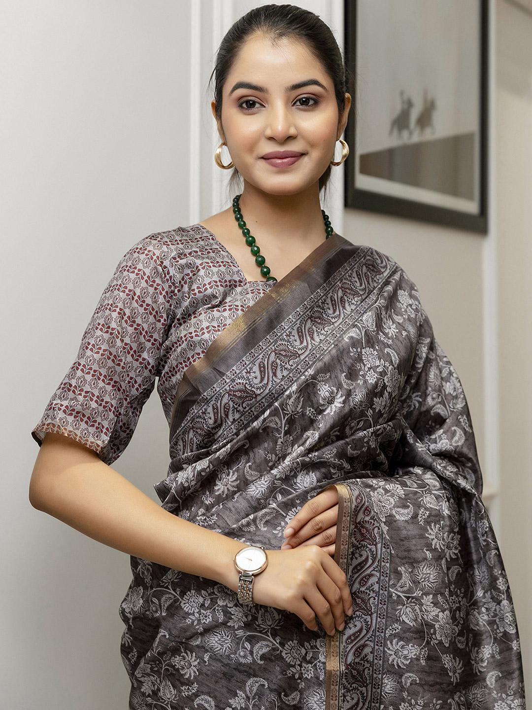 Buy Satrani Floral Printed Zari Saree - Sarees for Women 34170026 | Myntra