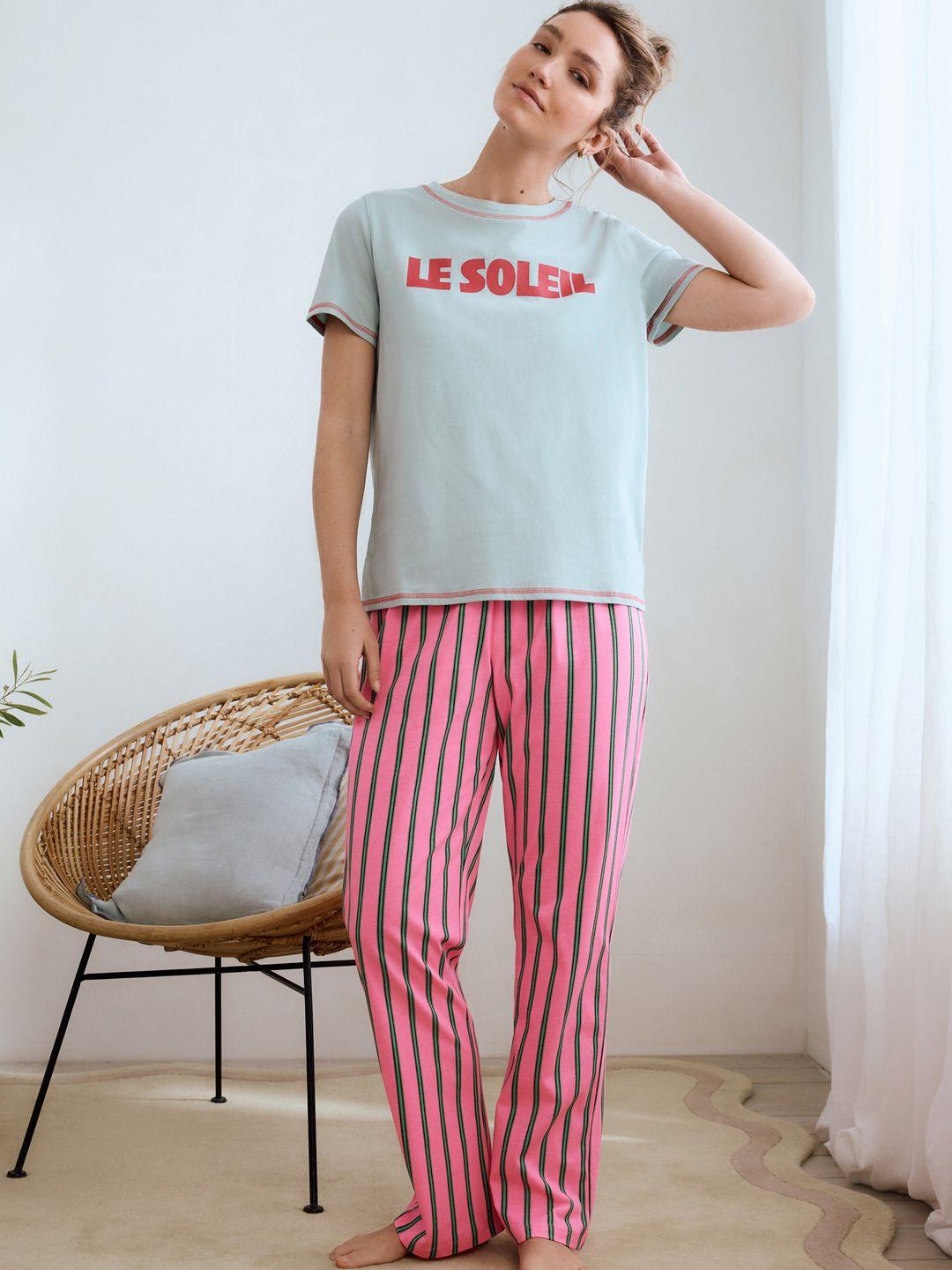 Buy NEXT Women Printed Striped Pure Cotton Pyjama Set - Night Suits for ...