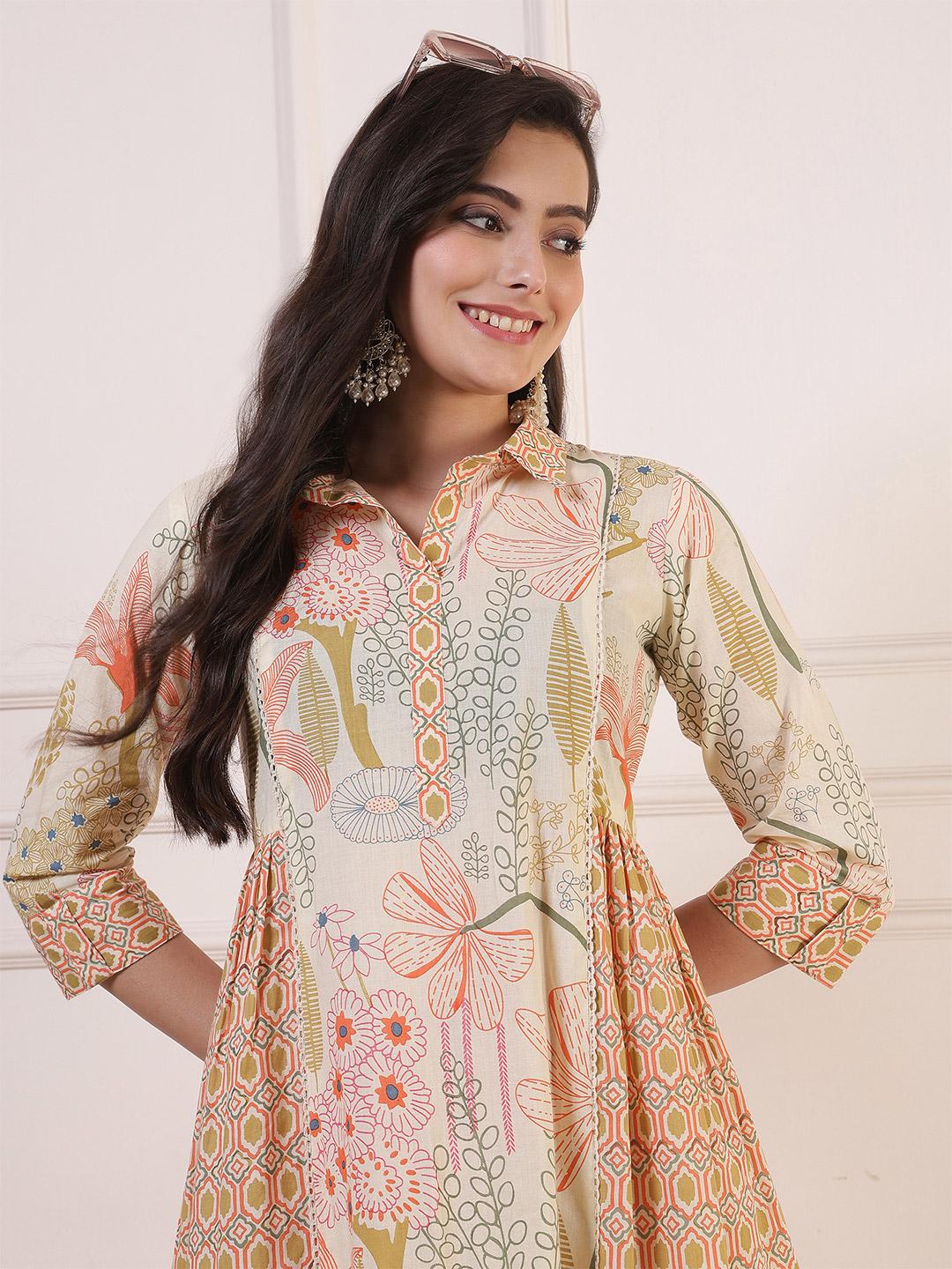 Buy Anouk Women Ethnic Motifs Printed Pure Cotton A Line Kurta With ...