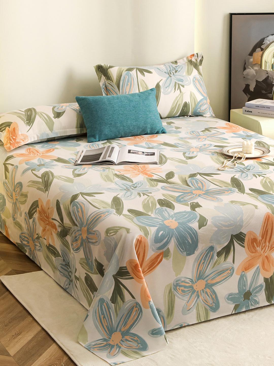 Buy Story@home Blue & Peach Floral Cotton 186 TC Queen Bedsheet With ...