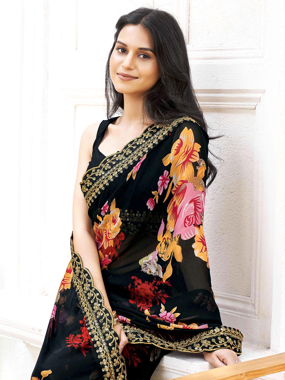 Buy Satrani Floral Printed Sequinned Pure Georgette Saree - Sarees for ...
