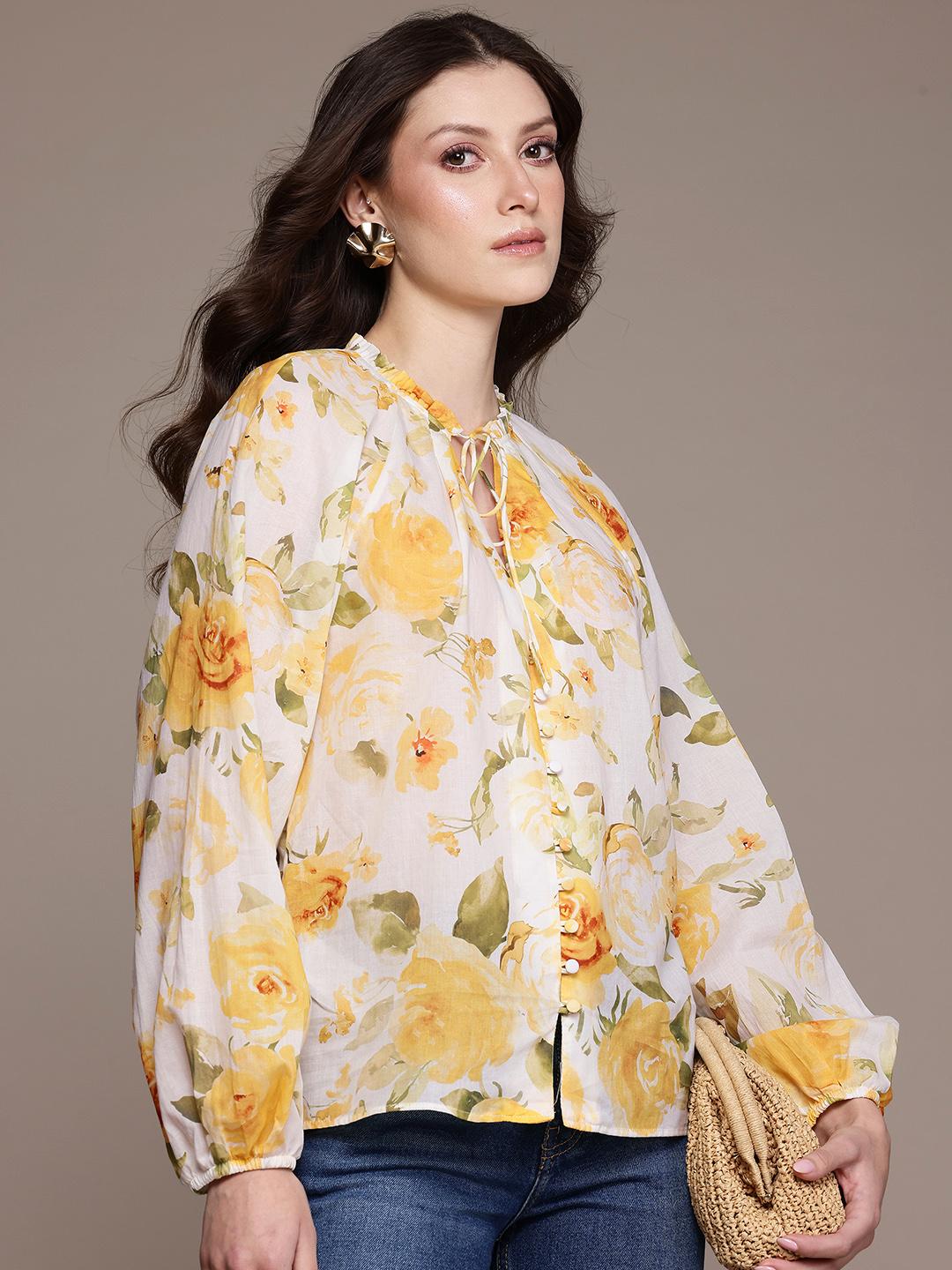 Buy MANGO Floral Print Tie Up Neck Puff Sleeves Pure Cotton Semi Sheer ...