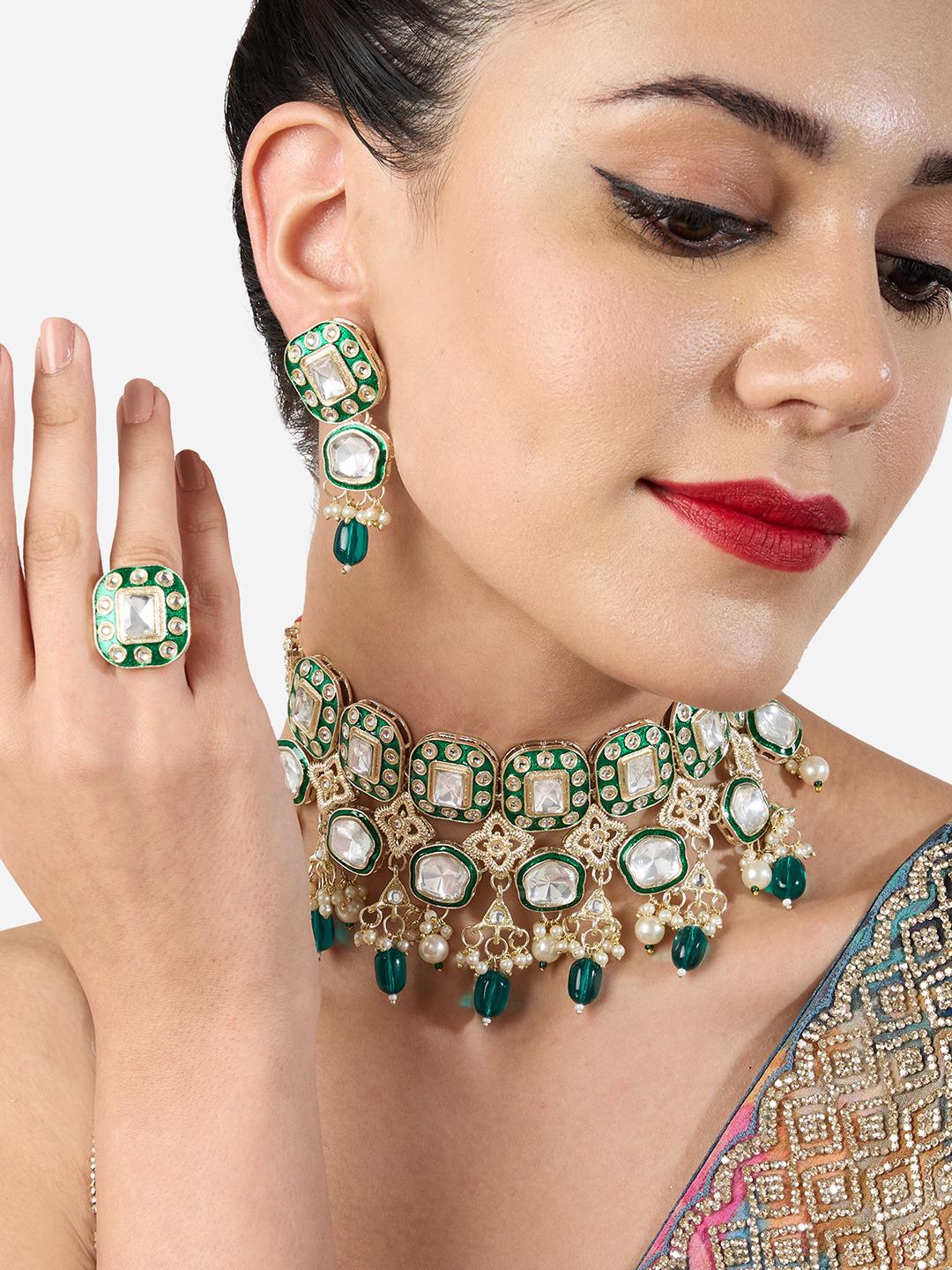 Buy Zaveri Pearls Gold Plated Stone Studded & Beaded Jewellery Set ...