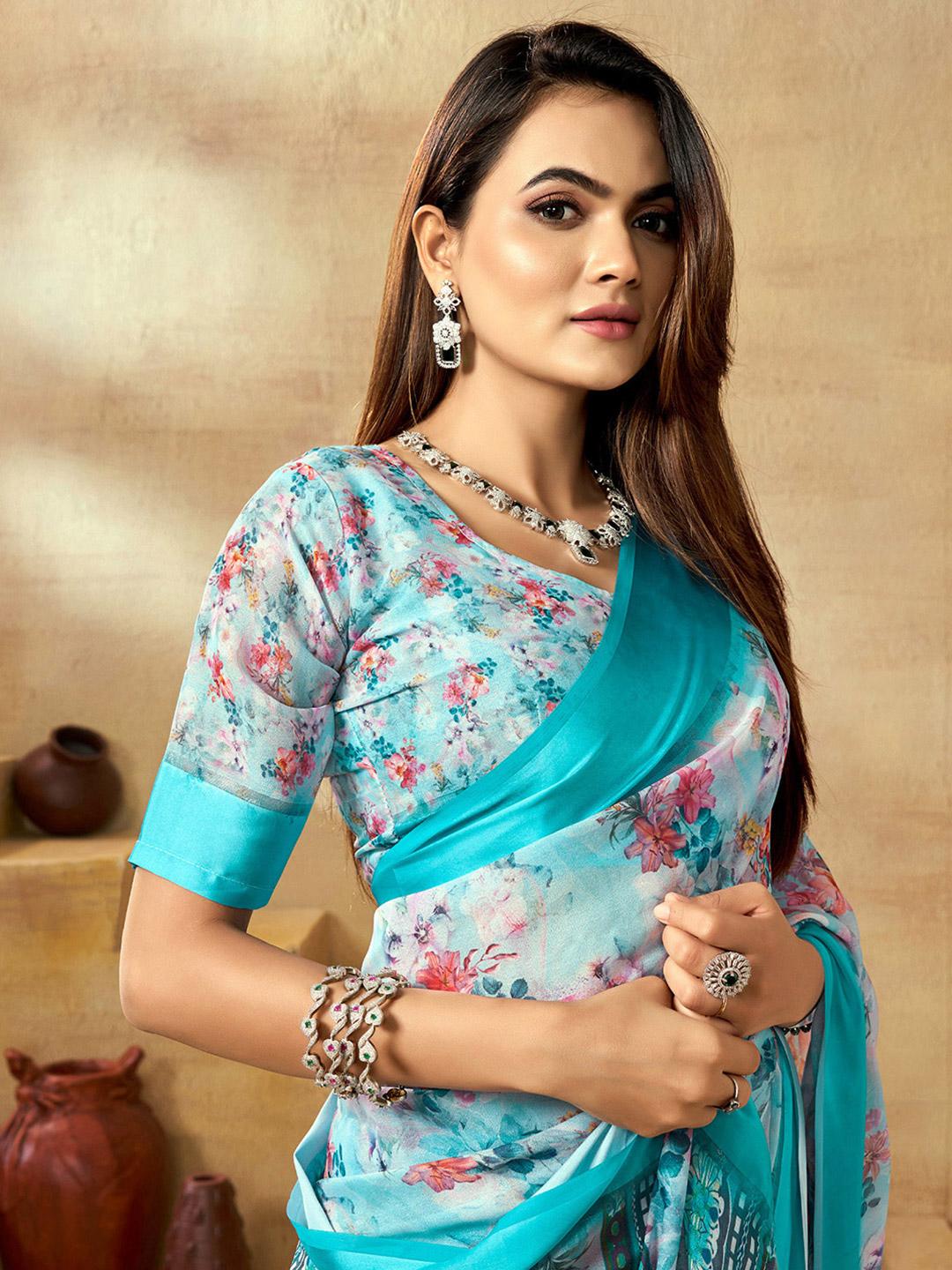Buy Satrani Floral Printed Zari Pure Georgette Ready To Wear Saree ...