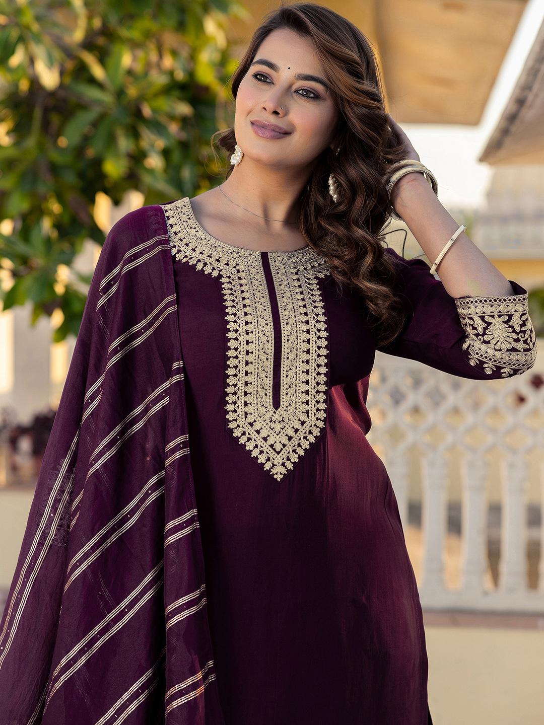 Buy SKYLEE Women Floral Embroidered Kurta With Trousers & Dupatta ...