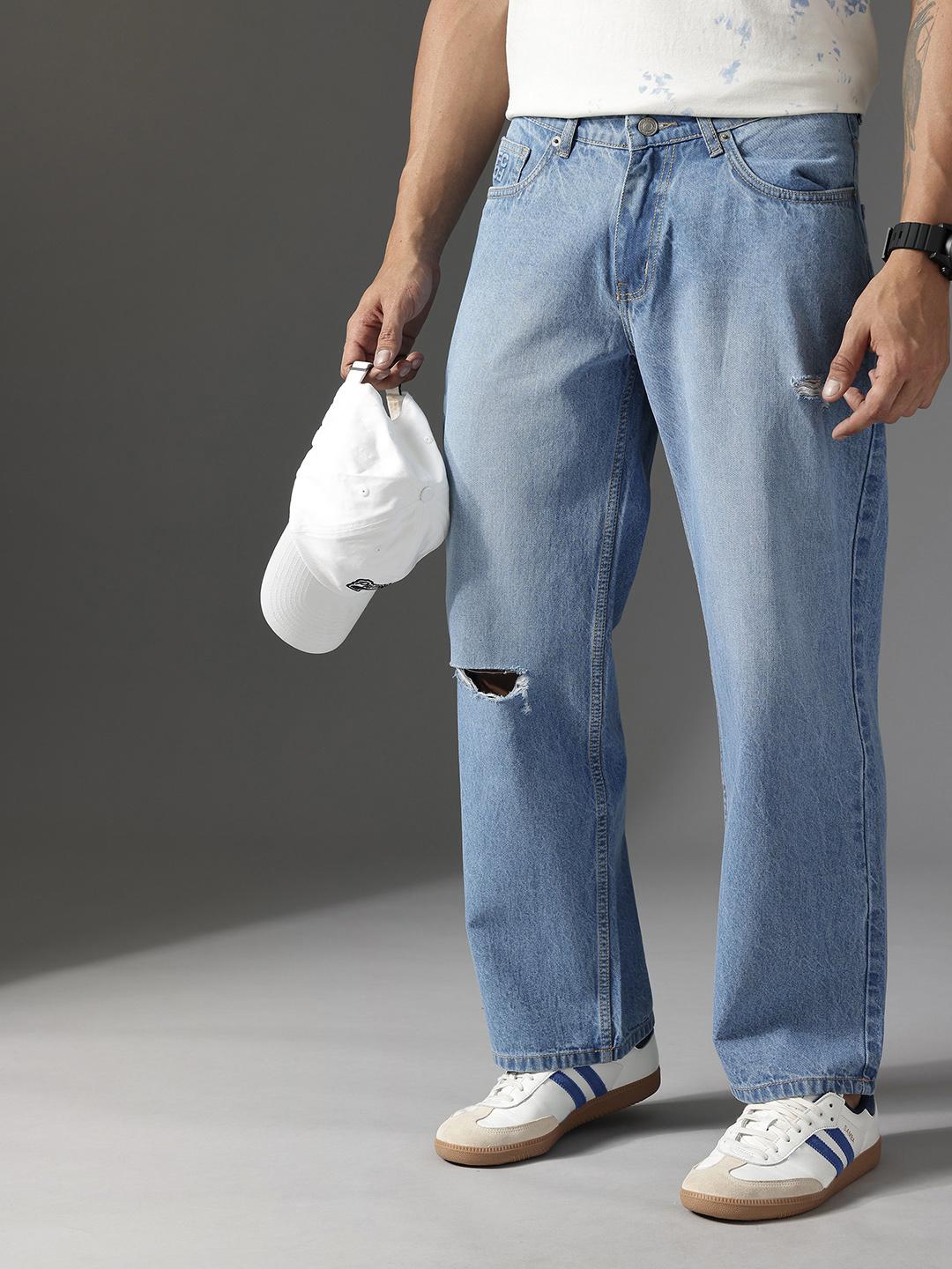 Buy FCUK Men Smart Mid Rise Low Distress Light Fade Baggy Pure Cotton ...