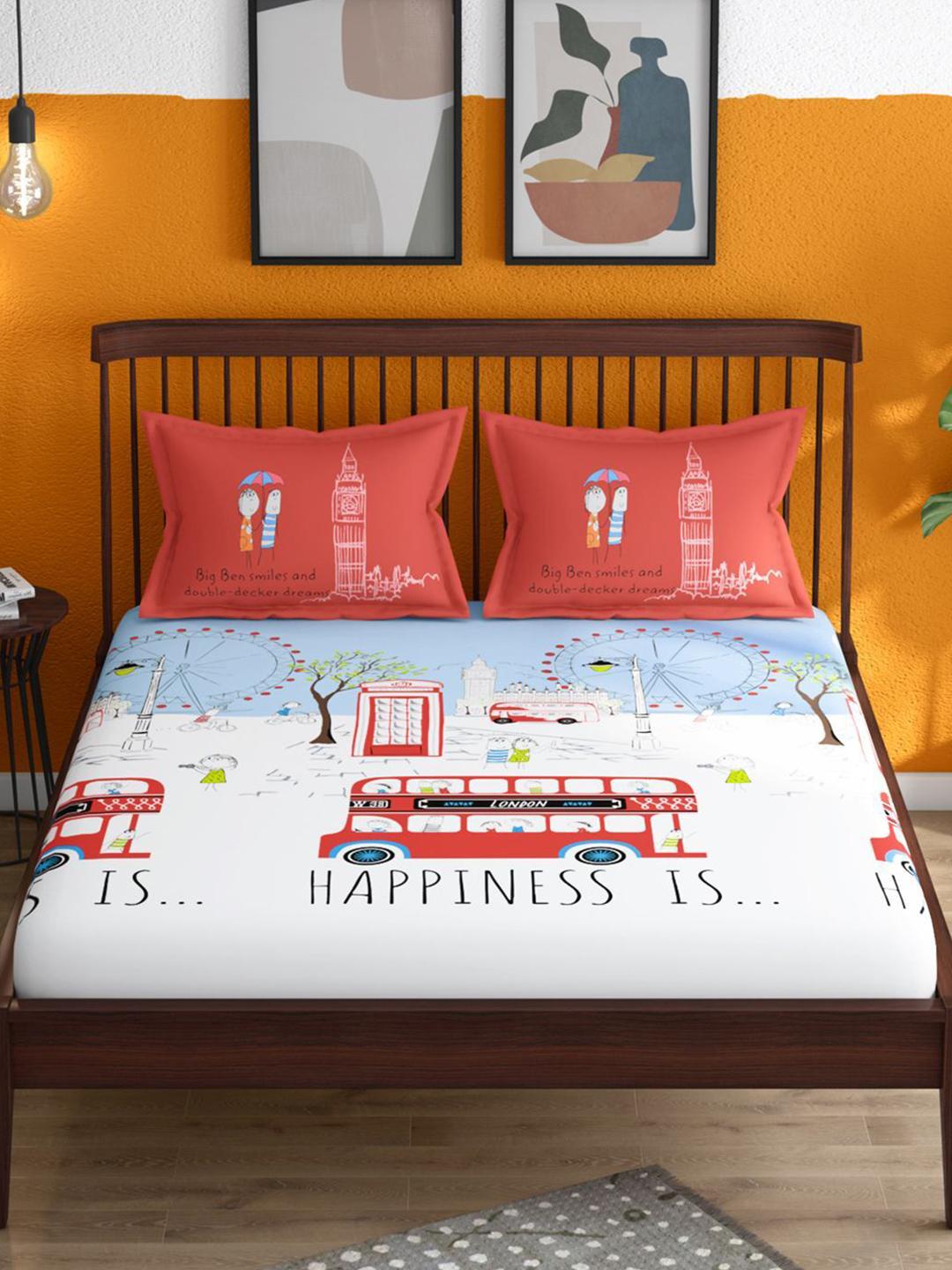 Buy Portico Red & White Cartoon Characters 164 TC Bedsheet With 2 ...