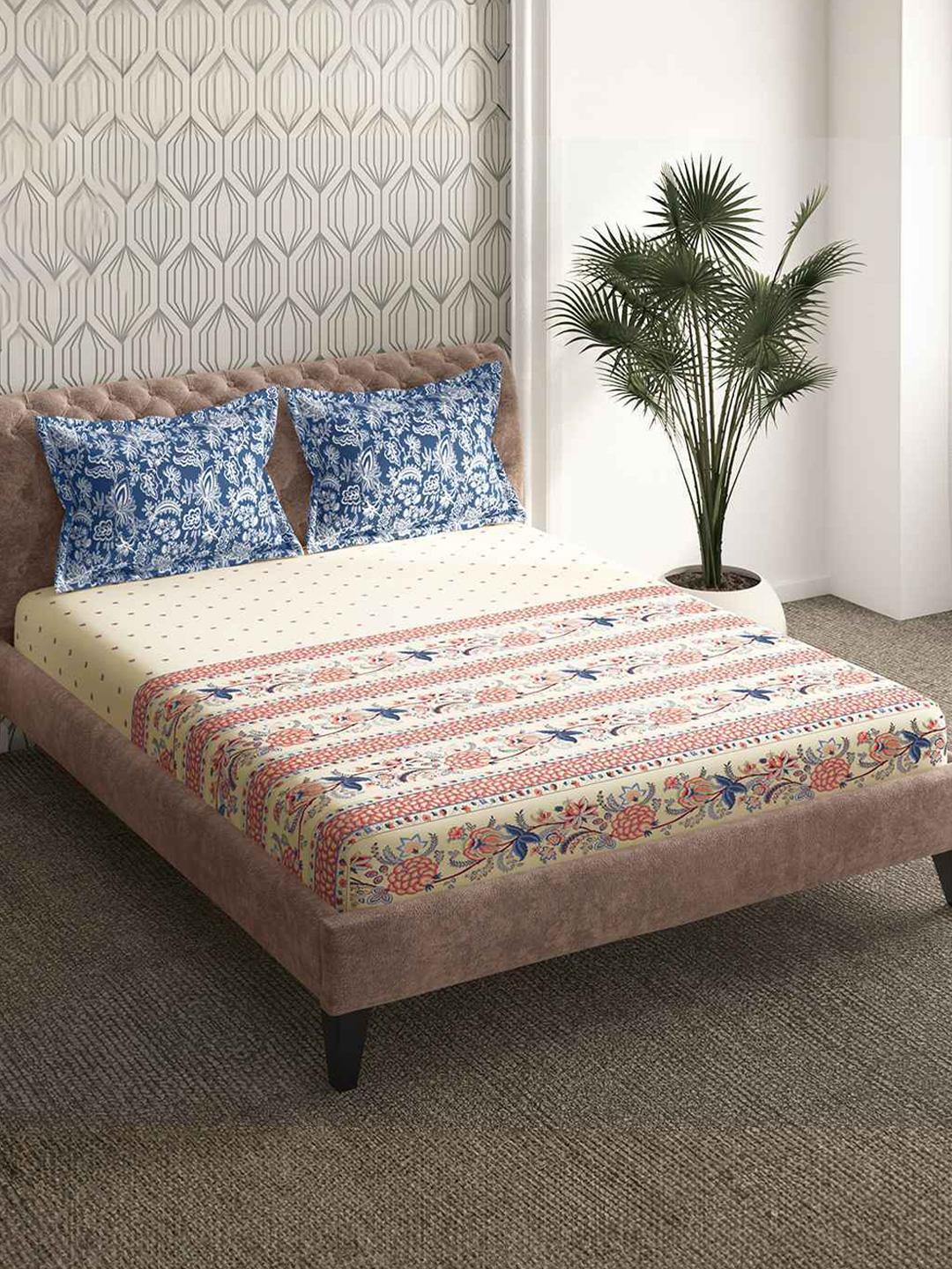 Buy Portico Red & Blue Floral 164 TC Bedsheet With 2 Pillow Covers ...