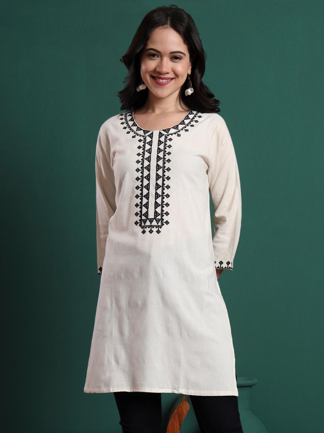 Buy Royal Export Geometric Yoke Design Thread Work Cotton Kurta ...