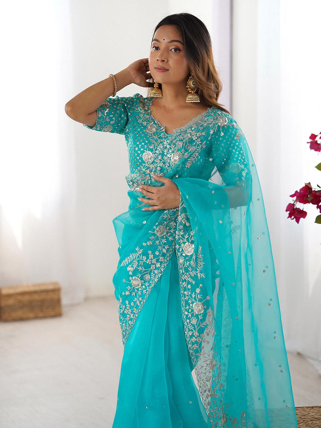 Buy Satrani Floral Embellished Sequinned Organza Saree - Sarees for ...