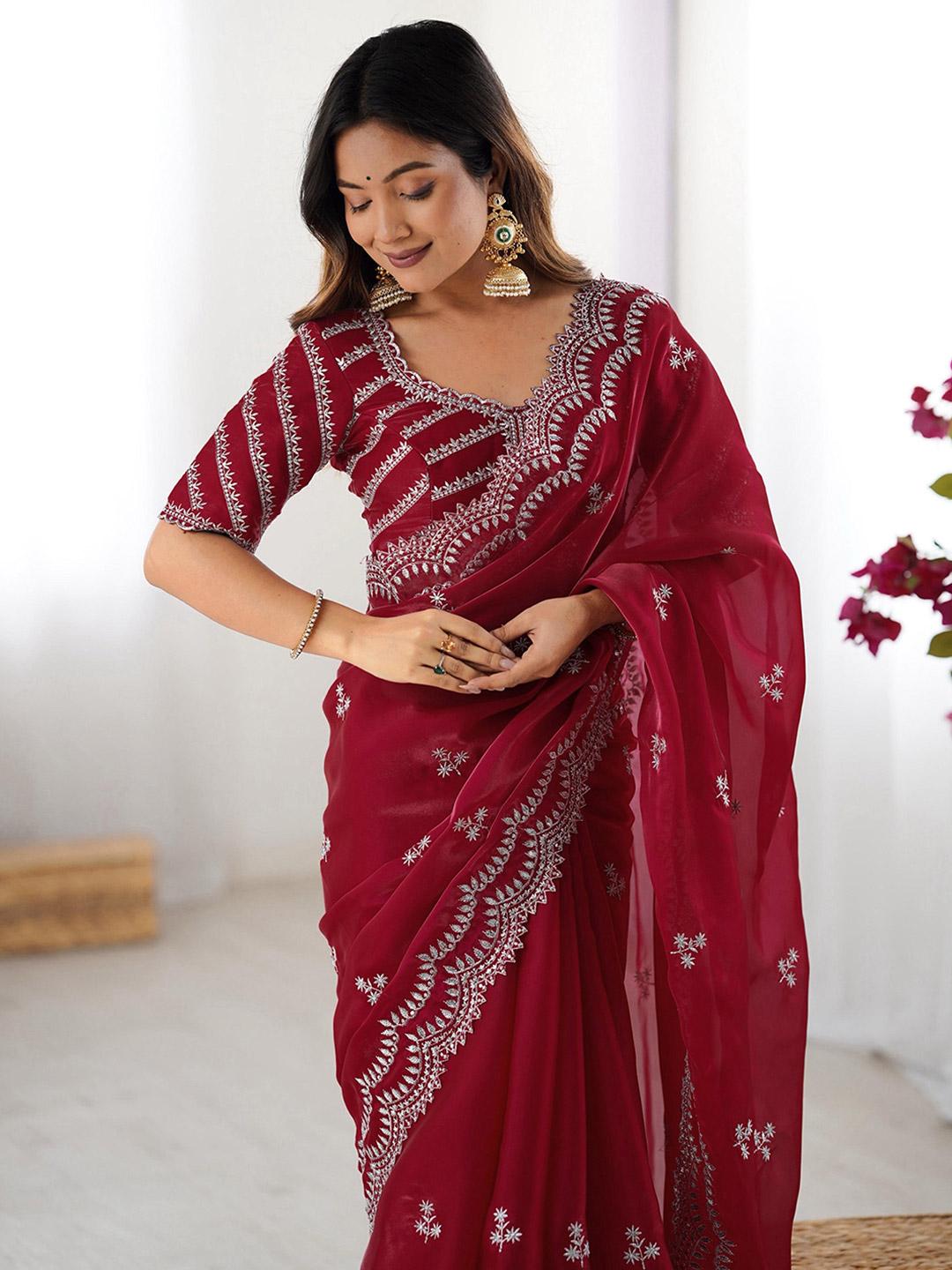 Buy Satrani Floral Embellished Sequinned Tissue Saree - Sarees for ...