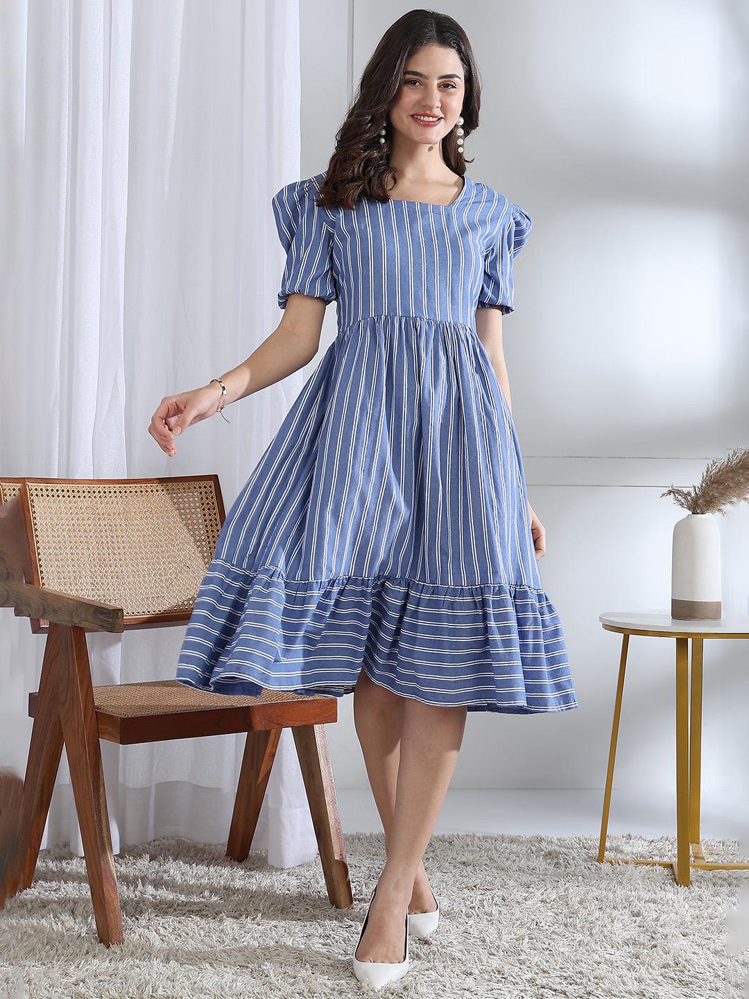 Buy Moda Rapido Women Striped Puff Sleeve Pure Cotton Fit & Flare Dress ...