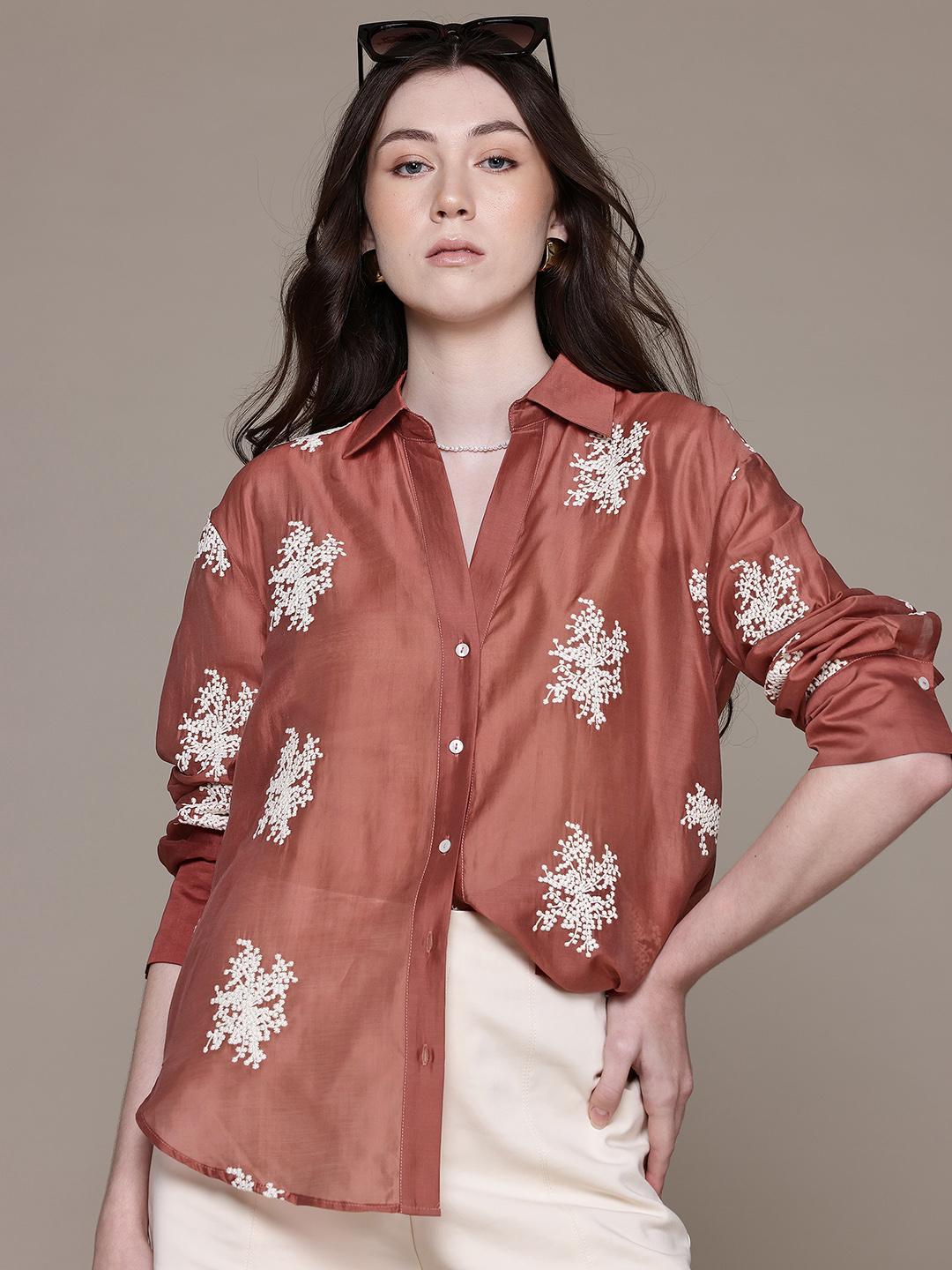 Buy MANGO Embroidery Thread Work Drop Shoulder Sleeves Semi Sheer Shirt ...