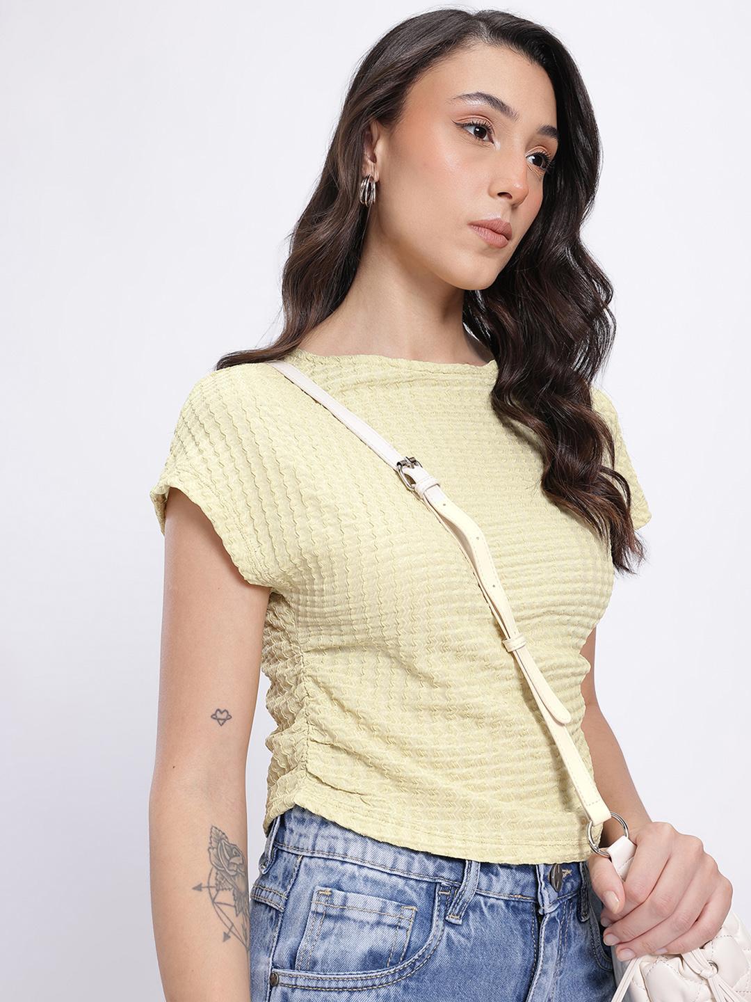 Buy Glitchez Vertically Self Striped Extended Sleeves Crop Top - Tops ...
