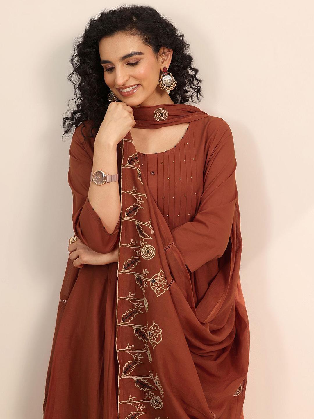 Buy Libas Womens Rust Embroidered Anarkali Kurta With Palazzos ...