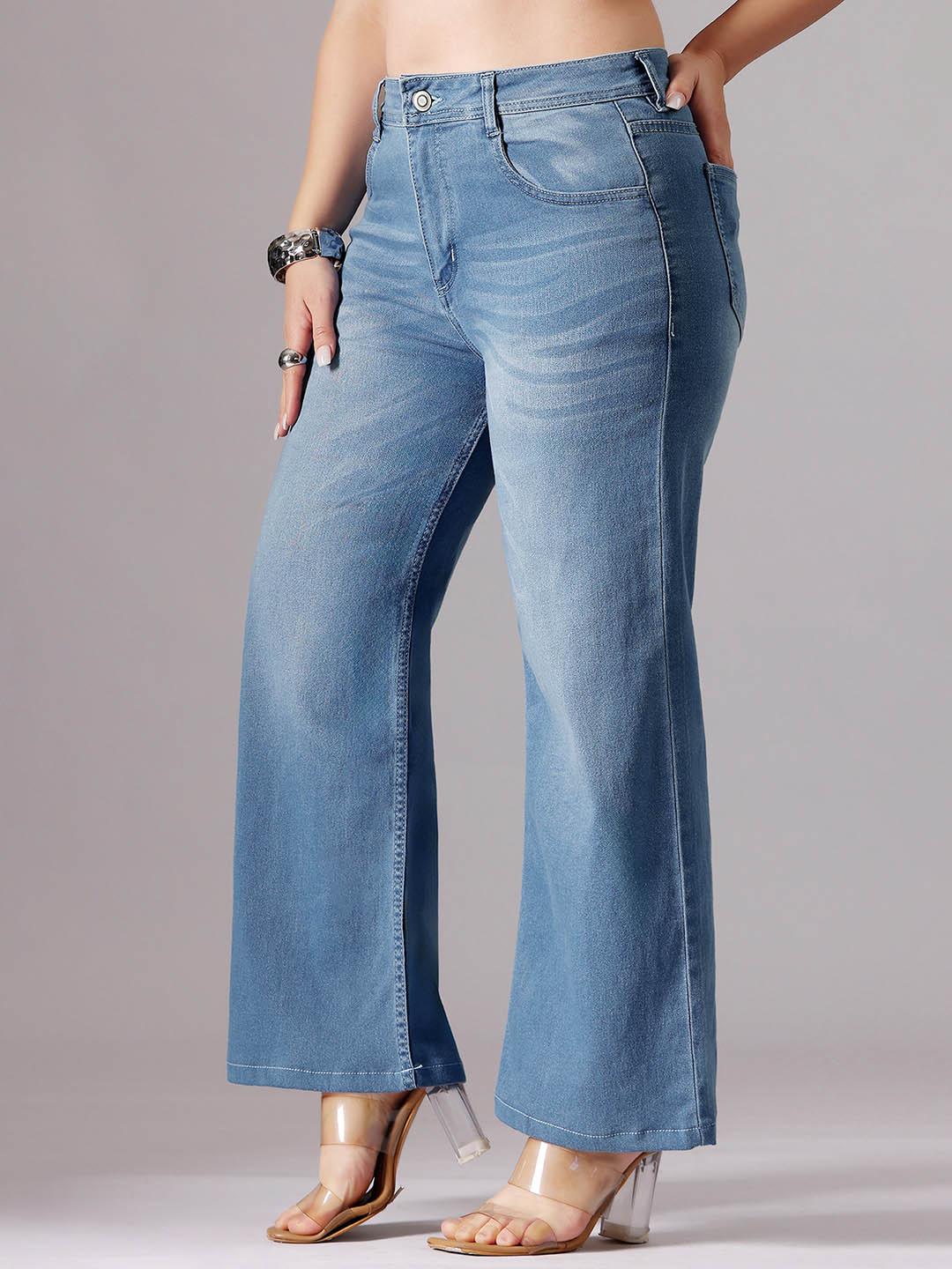 Buy Miss Chase A+ Plus Size Women Light Blue Wide Leg Fit Mid Rise ...