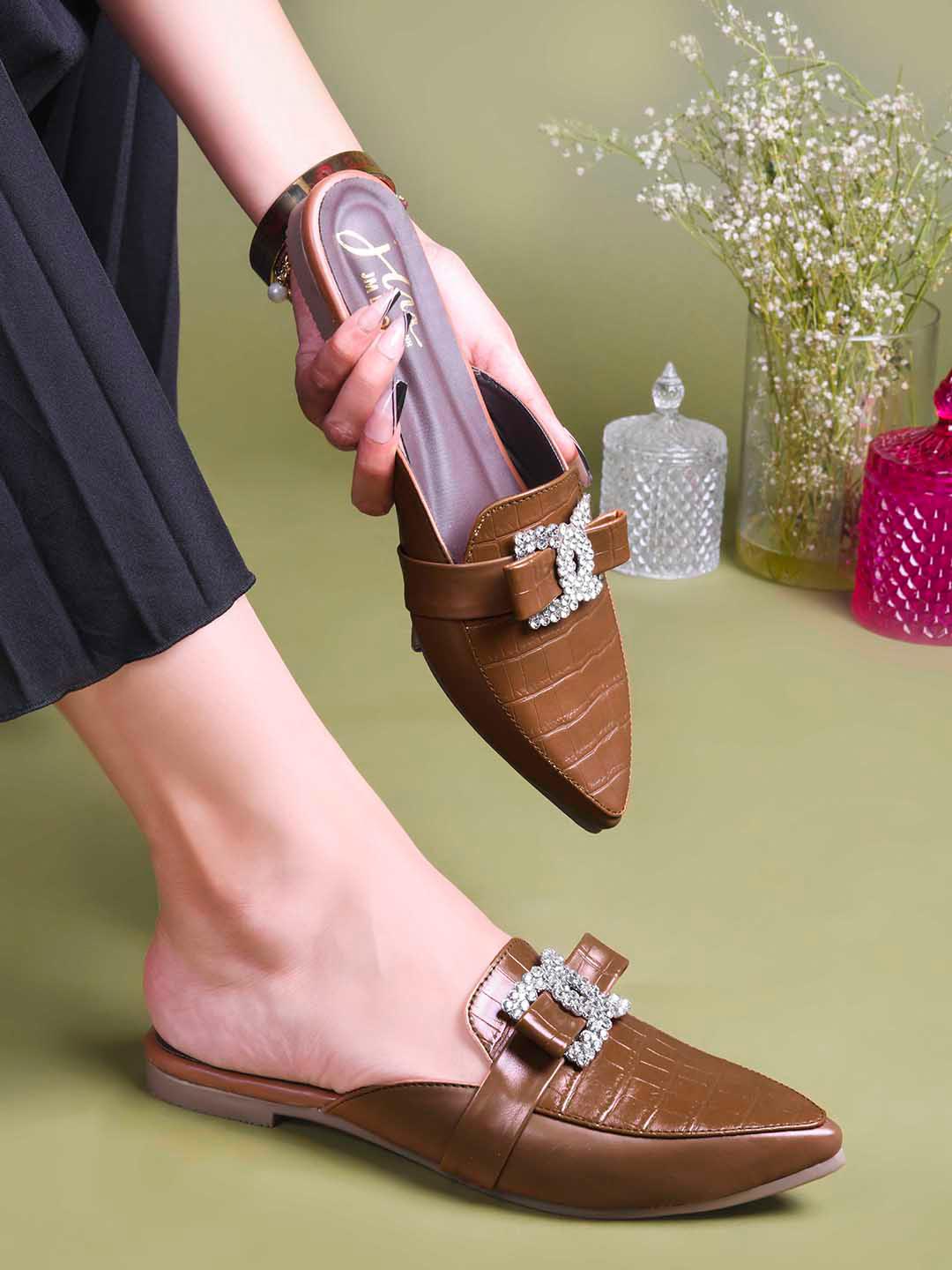 Buy JM Looks Women Pointed Toe Croc Texture Embellished Slip On Mules ...