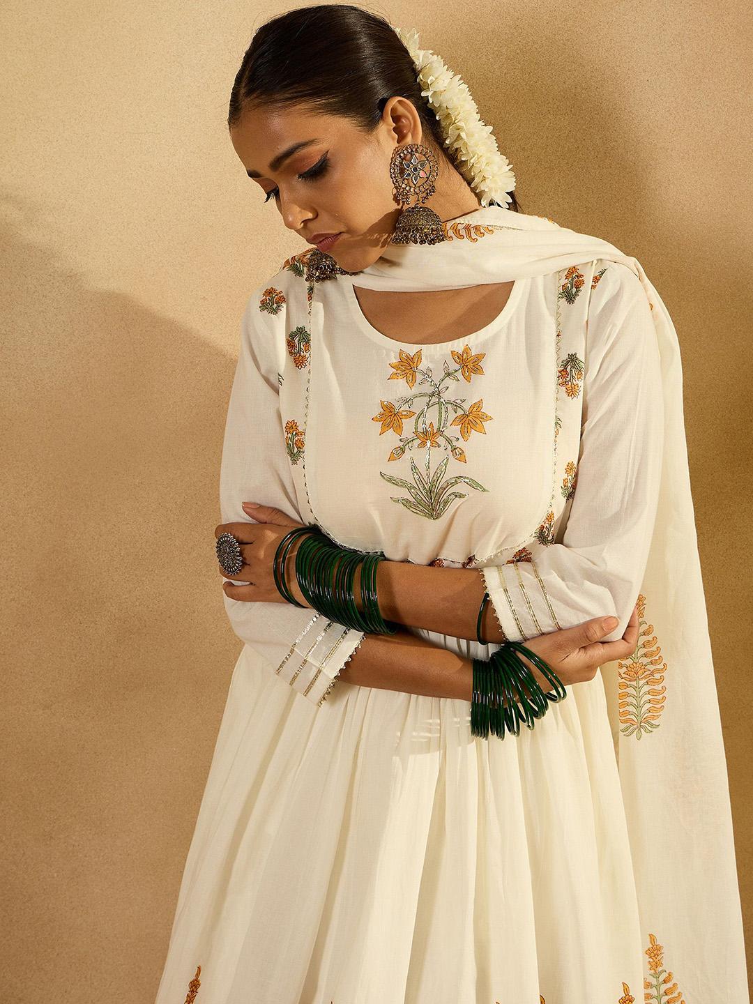 Buy Anouk Floral Printed Anarkali Beads And Stones Pure Cotton Kurta ...