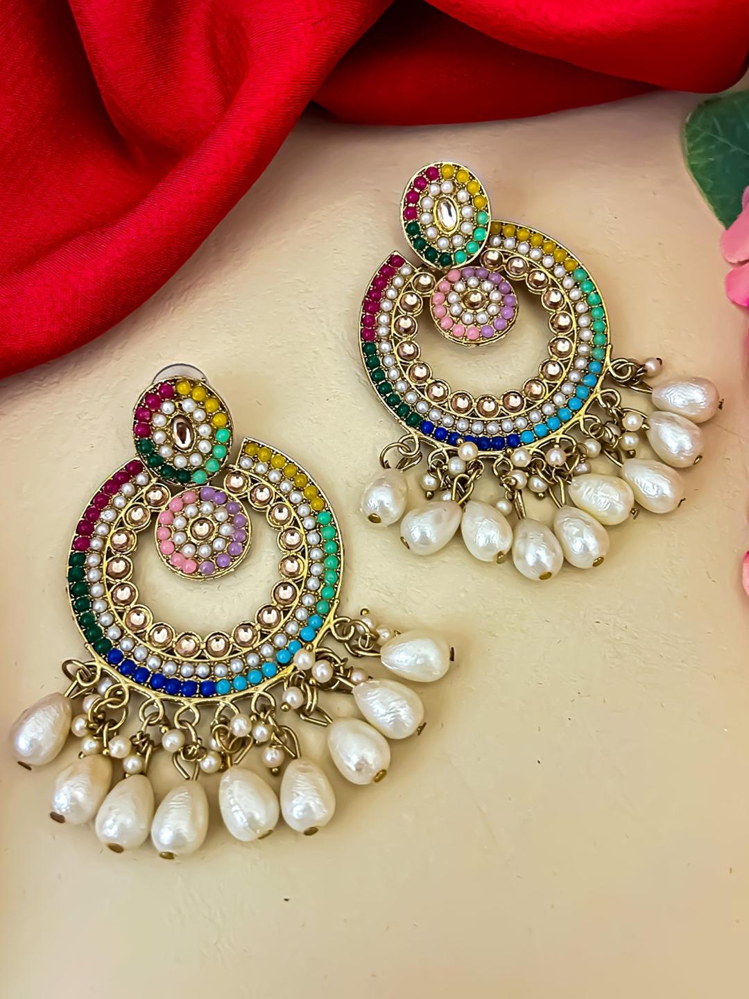 Buy Zeviel Gold Plated Artificial Stones Studded & Beaded Circular Shaped Drop Earrings ...
