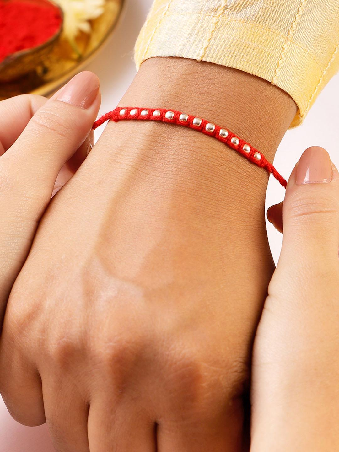 Buy Zavya 925 Pure Silver Beaded Thread Rakhi With Roli Chawal - Rakhi ...