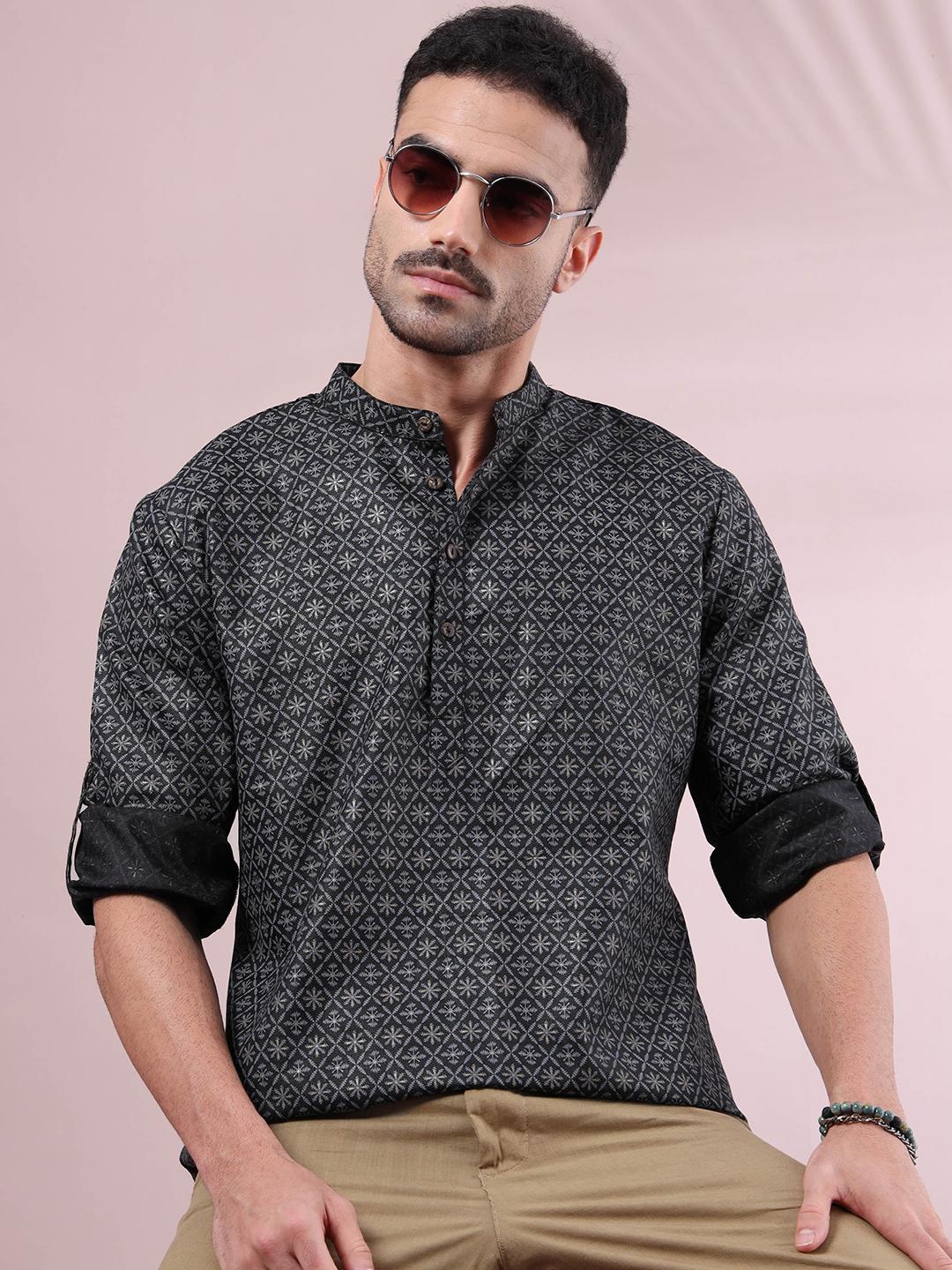 Buy FILORI STUDIO Men Ethnic Motifs Printed Mandarin Collar Short Kurta ...