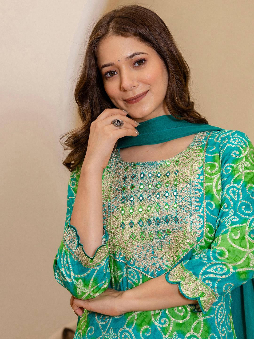 Buy SKYLEE Bandhani Printed Round Neck Mirror Work Straight Kurta With ...