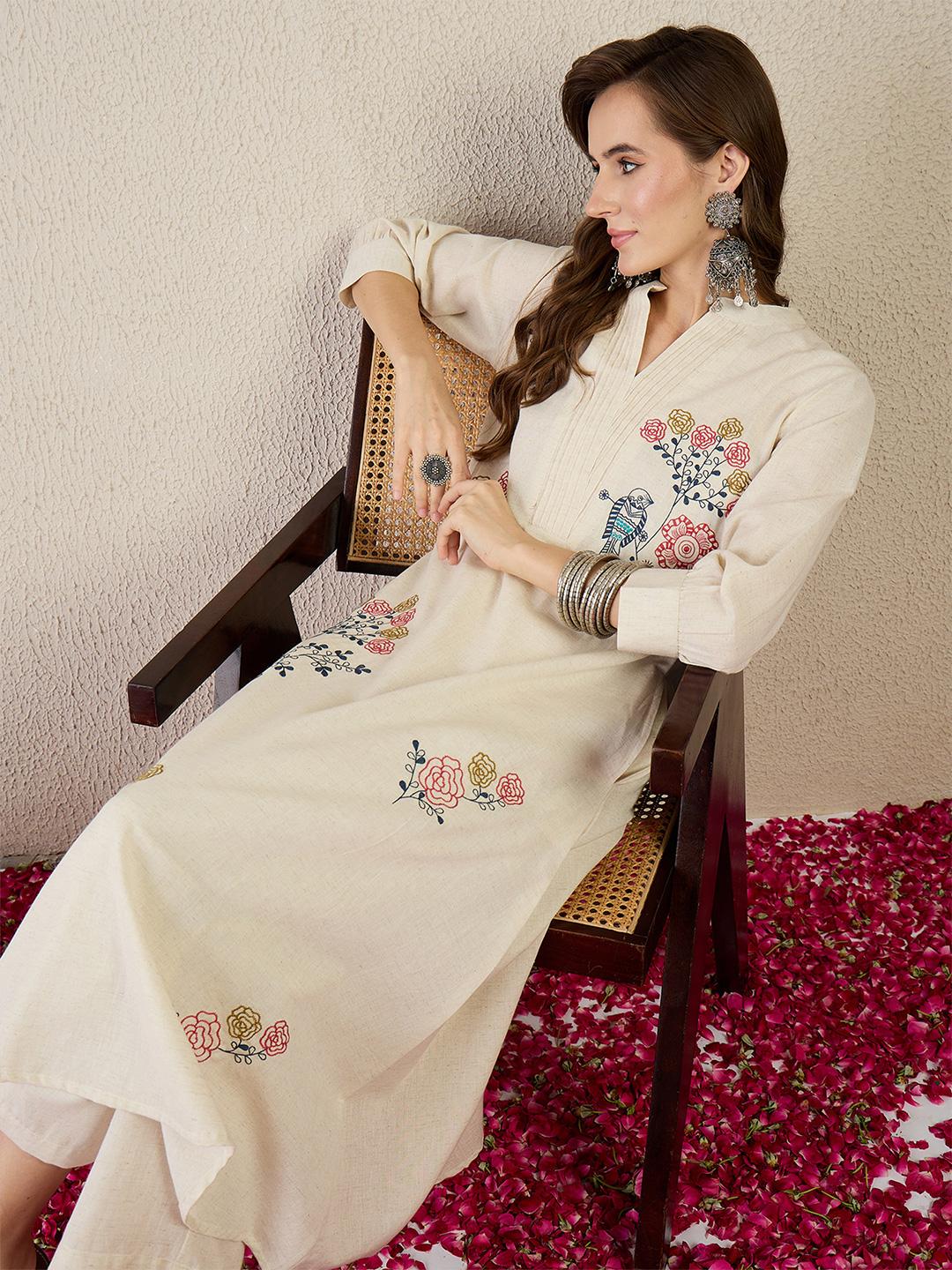 Buy Indo Era Women Floral Embroidered Thread Work Pure Cotton Kurta ...