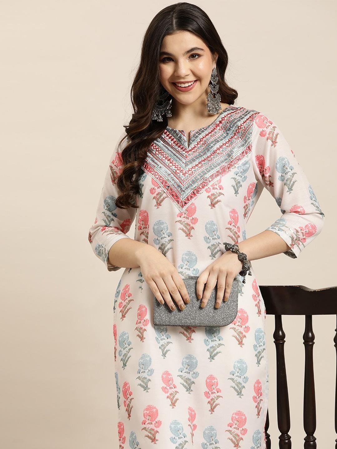 Buy Royal Export Women Ethnic Motifs Embroidered V Neck Straight Kurta ...