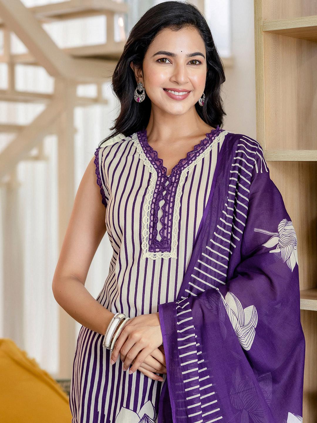 Buy SKYLEE Floral Printed V Neck Kurta With Trousers & Dupatta - Kurta ...
