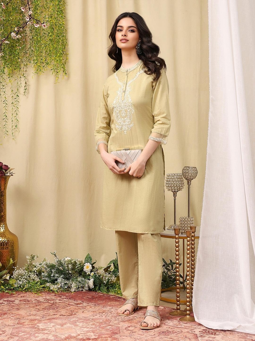 Buy Nayam By Lakshita Women Floral Embroidered Thread Work Pure Cotton Kurta With Palazzos ...