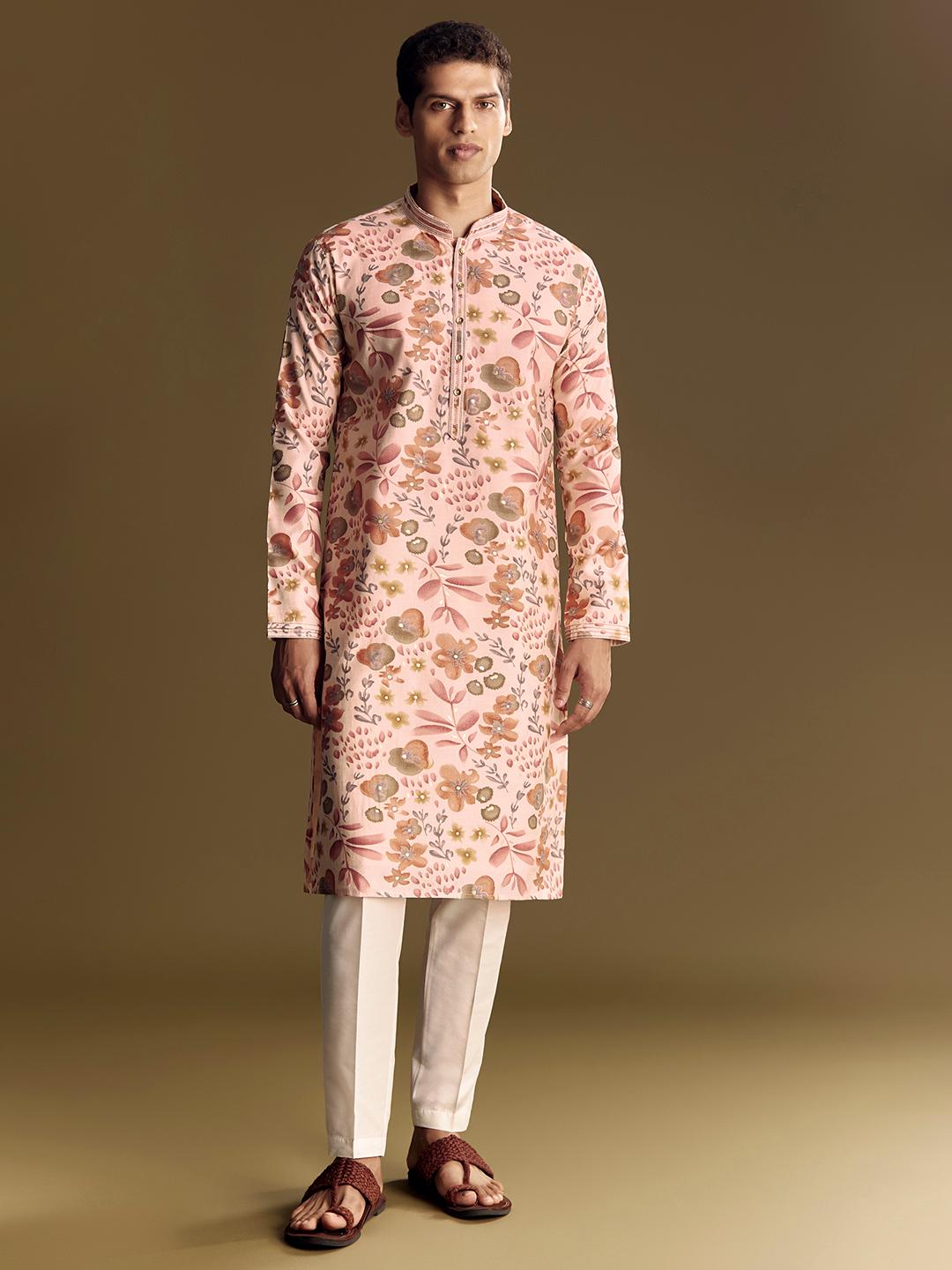 Buy KALKI Fashion Men Floral Printed Kurta With Trousers - Kurta Sets ...