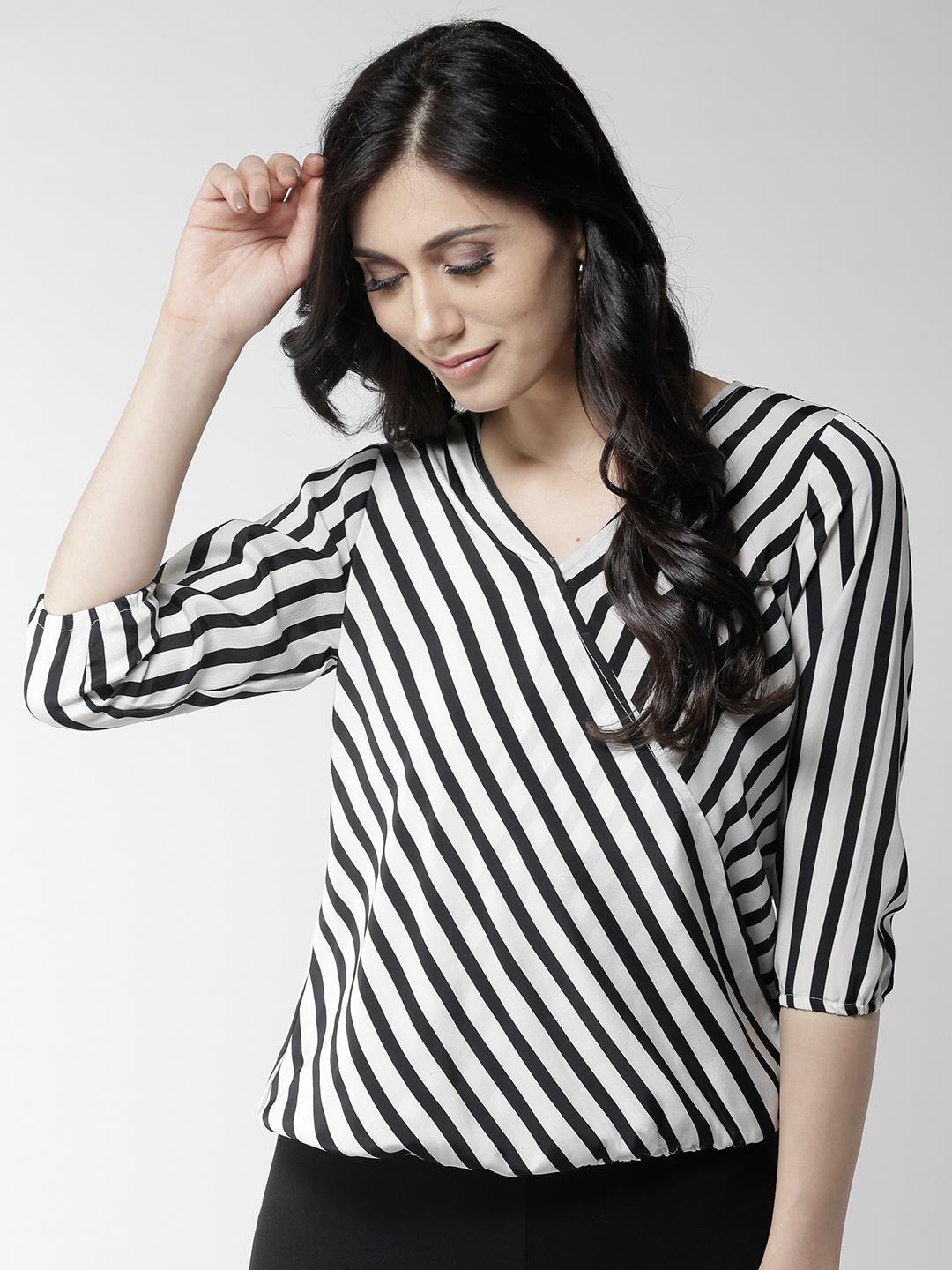 Buy Style Quotient Women Black & Off White Striped Wrap Top - Tops for ...