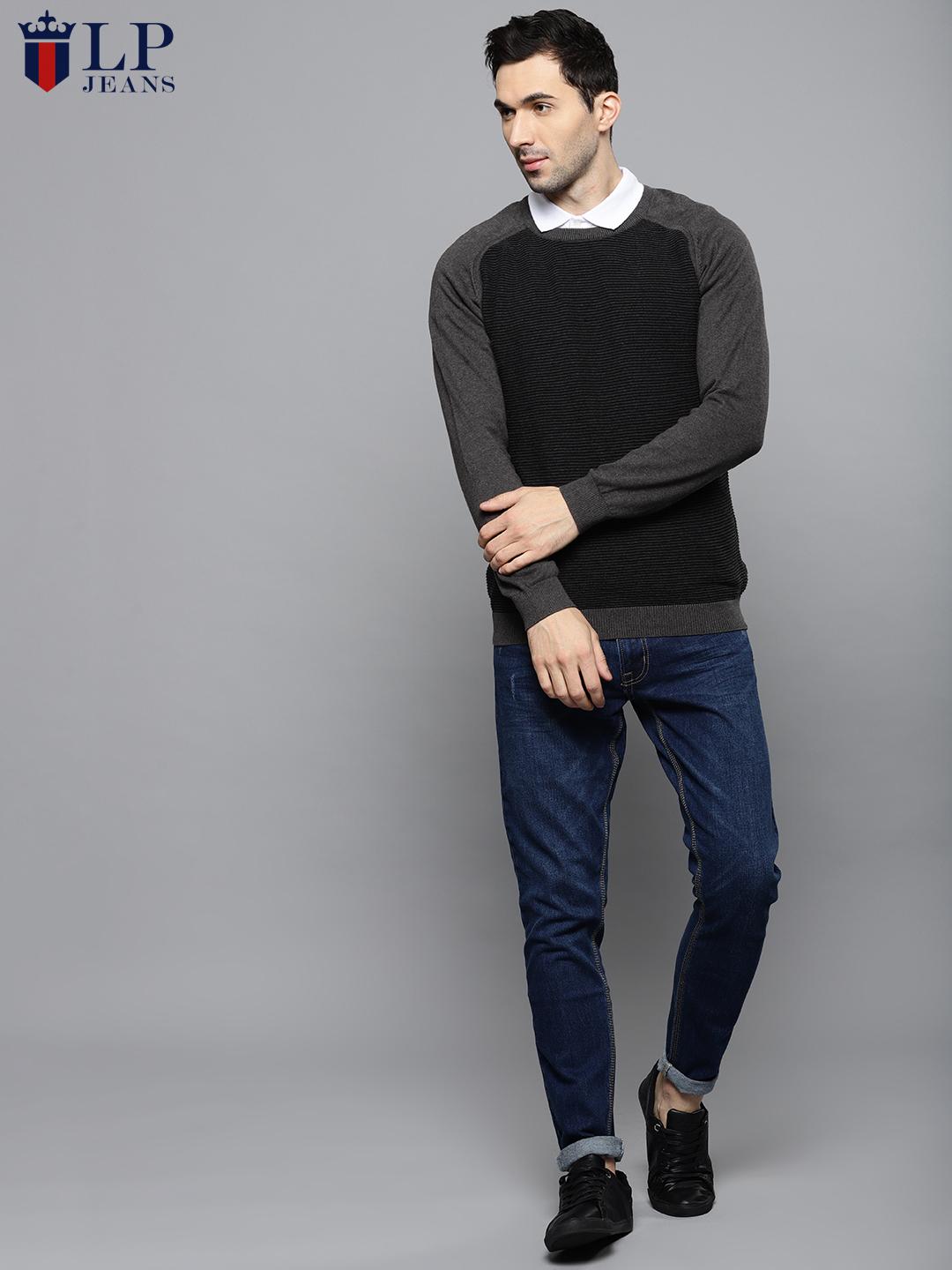 Buy Louis Philippe Jeans Men Grey & Black Solid Pullover - Sweaters for ...