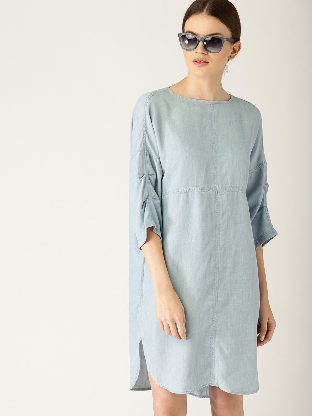 Buy ESPRIT Women Blue Solid Chambray Shift Dress - Dresses for Women ...