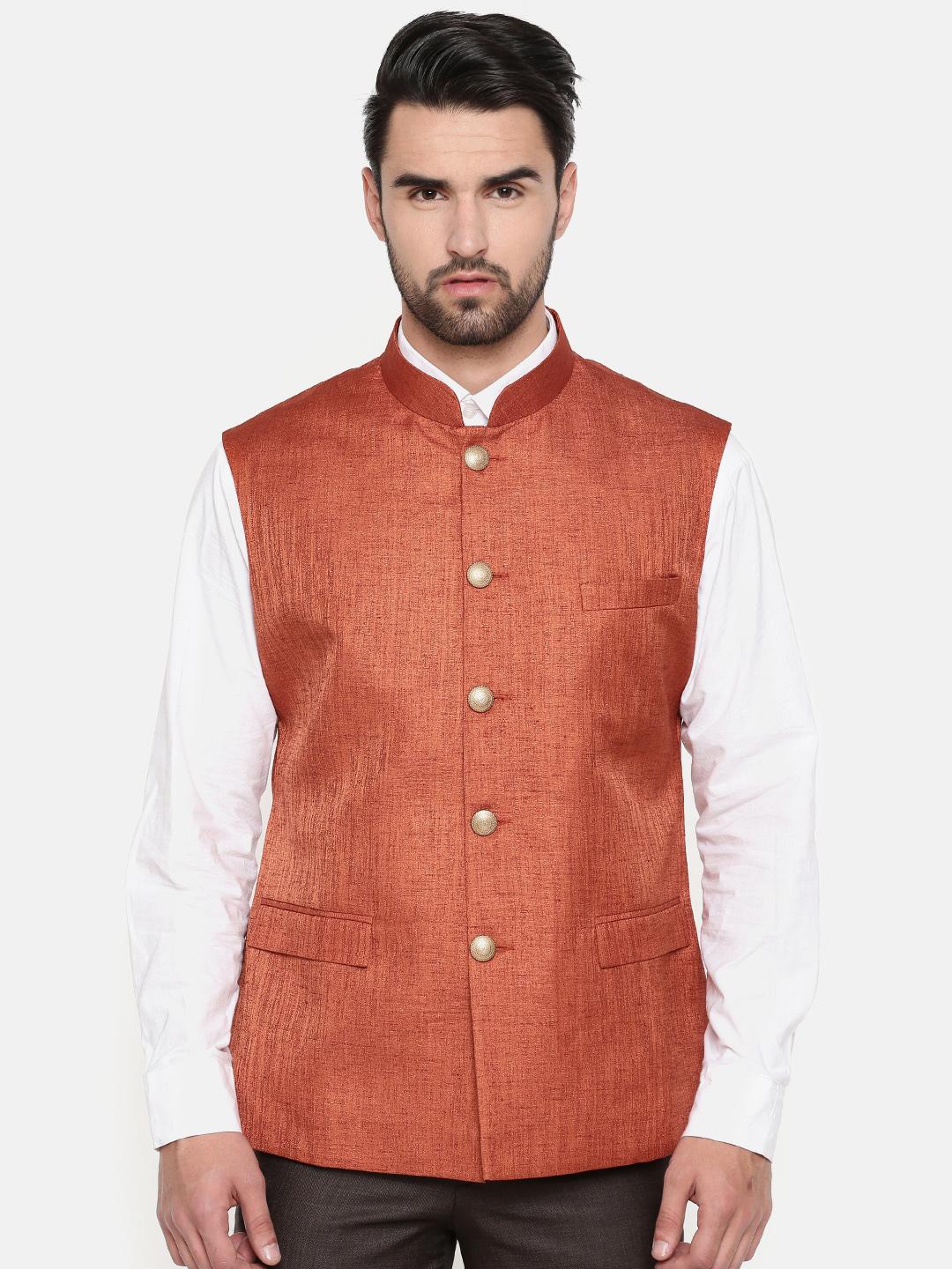 Buy Ethnix Men Rust Red Solid Textured Nehru Jacket - Nehru Jackets for ...