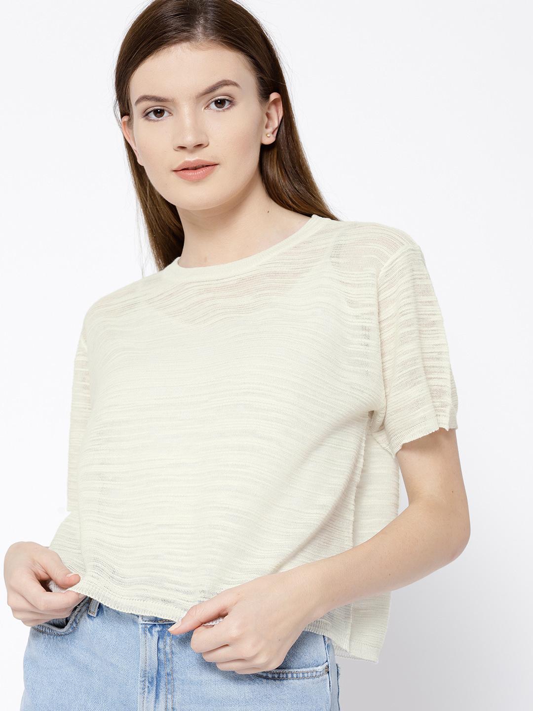 Buy MANGO Women Off White Solid Semi Sheer Boxy Top - Tops for Women ...
