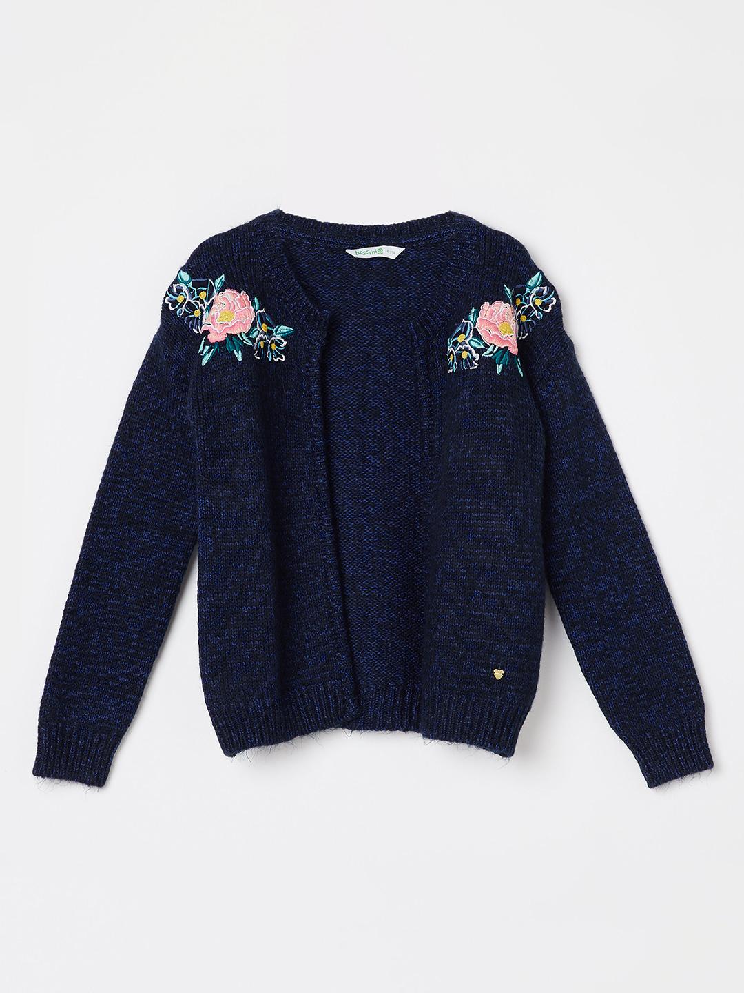 Buy Bossini Girls Navy Blue Solid Embroidered Sweater - Sweaters for ...