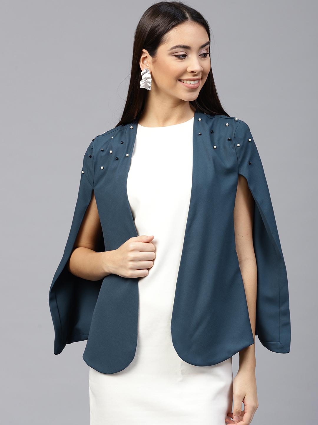 Buy SASSAFRAS Women Teal Blue Solid Cape Jacket - Jackets for Women ...