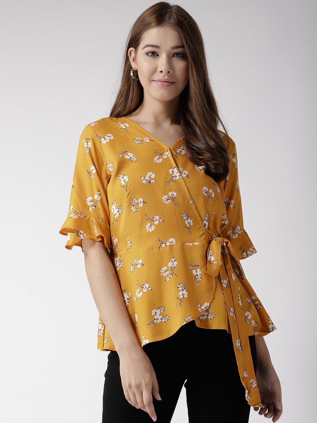 Buy 20Dresses Women Yellow & White Printed Wrap Top - Tops for Women ...