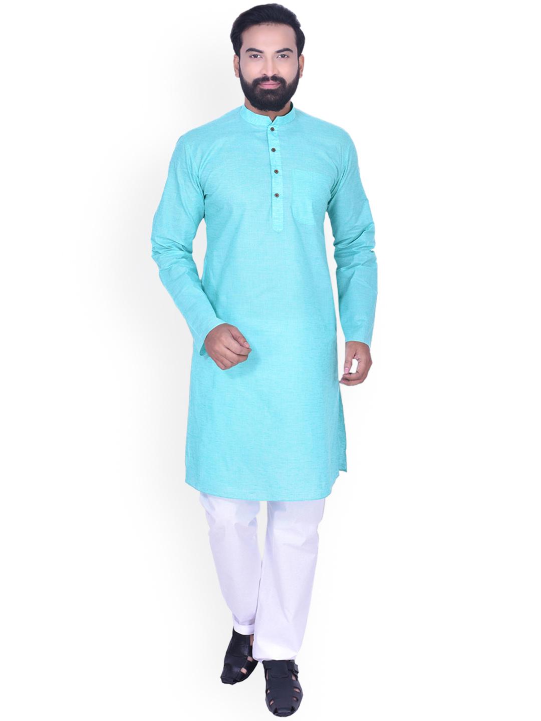 Buy Manyavar Men Turquoise Blue Solid Straight Kurta - Kurtas for Men ...