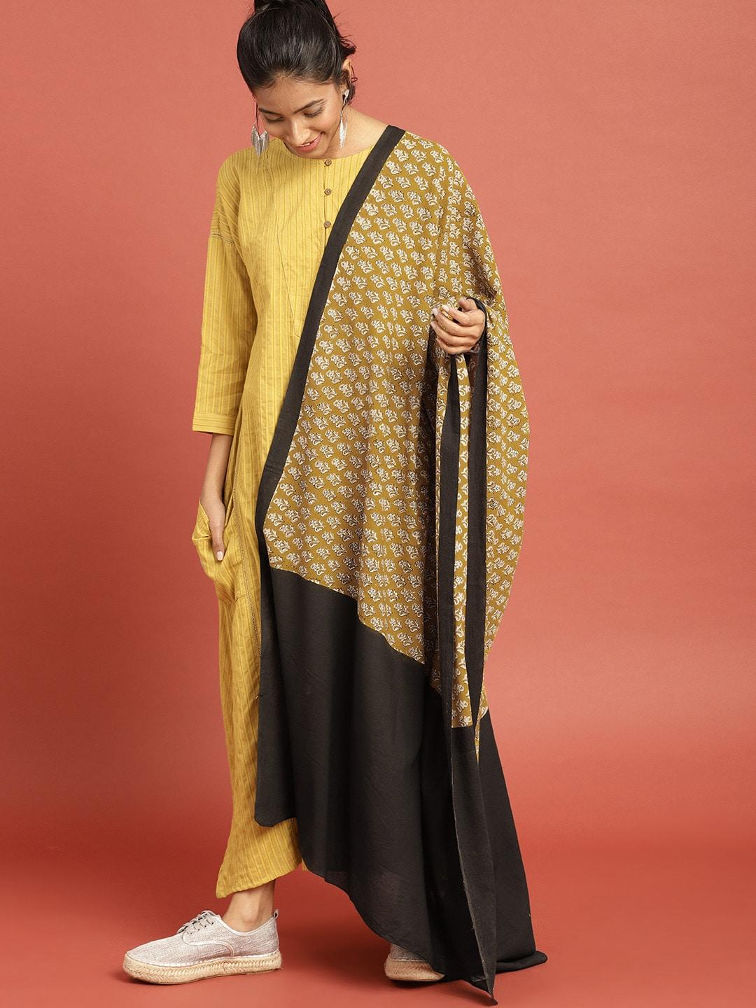 Buy Taavi Women Mustard Yellow & Black Block Print Legacy Pure Cotton ...