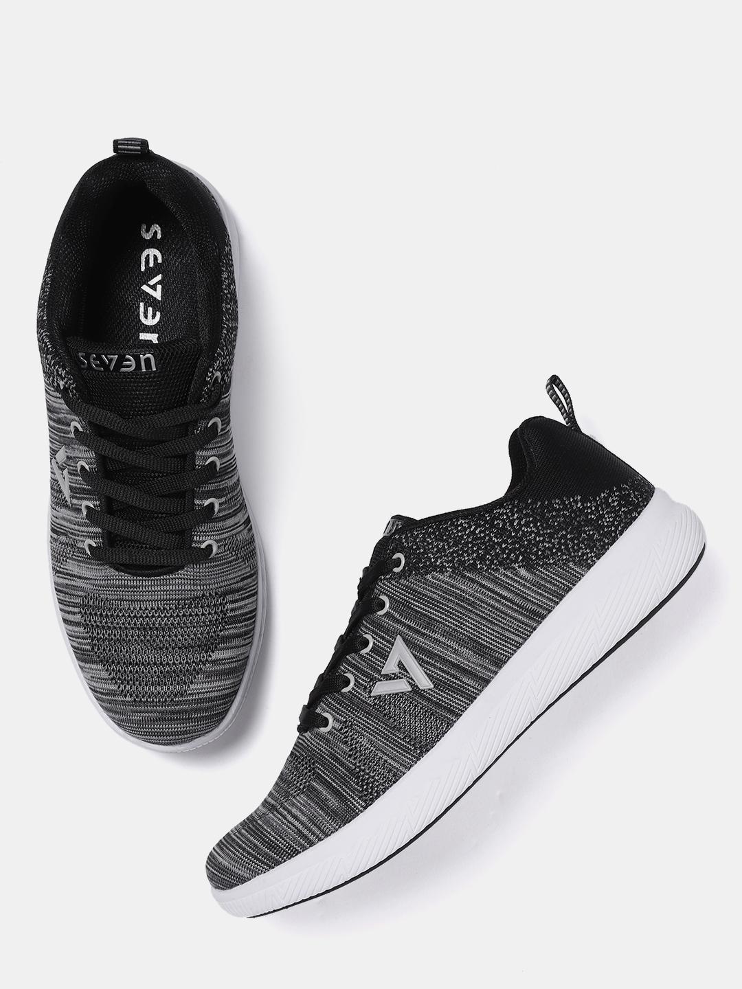 Buy SEVEN By MS Dhoni Men Black & Grey Self Striped Walking Shoes ...